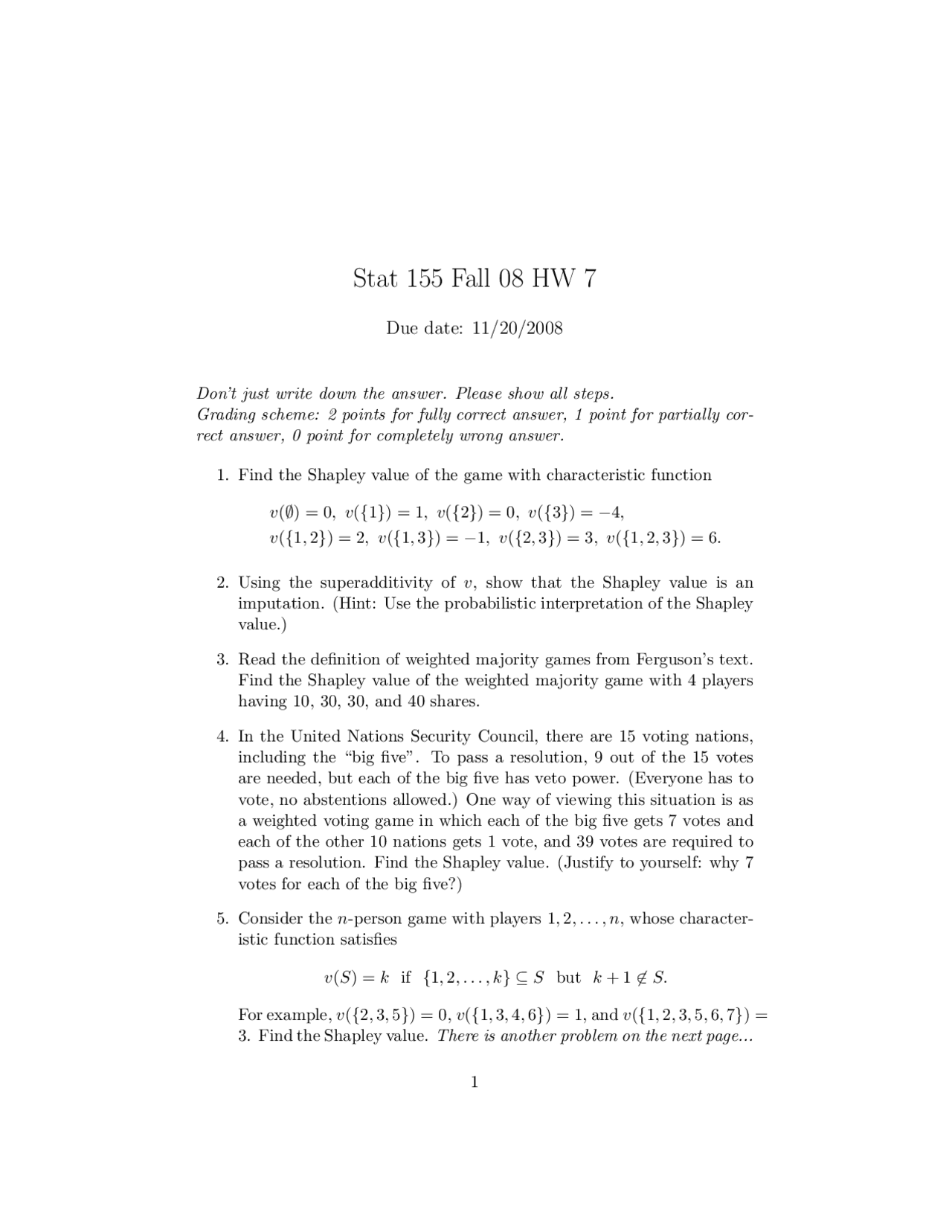 6 Questions For Assignment 7 Game Theory Stat 155 Docsity