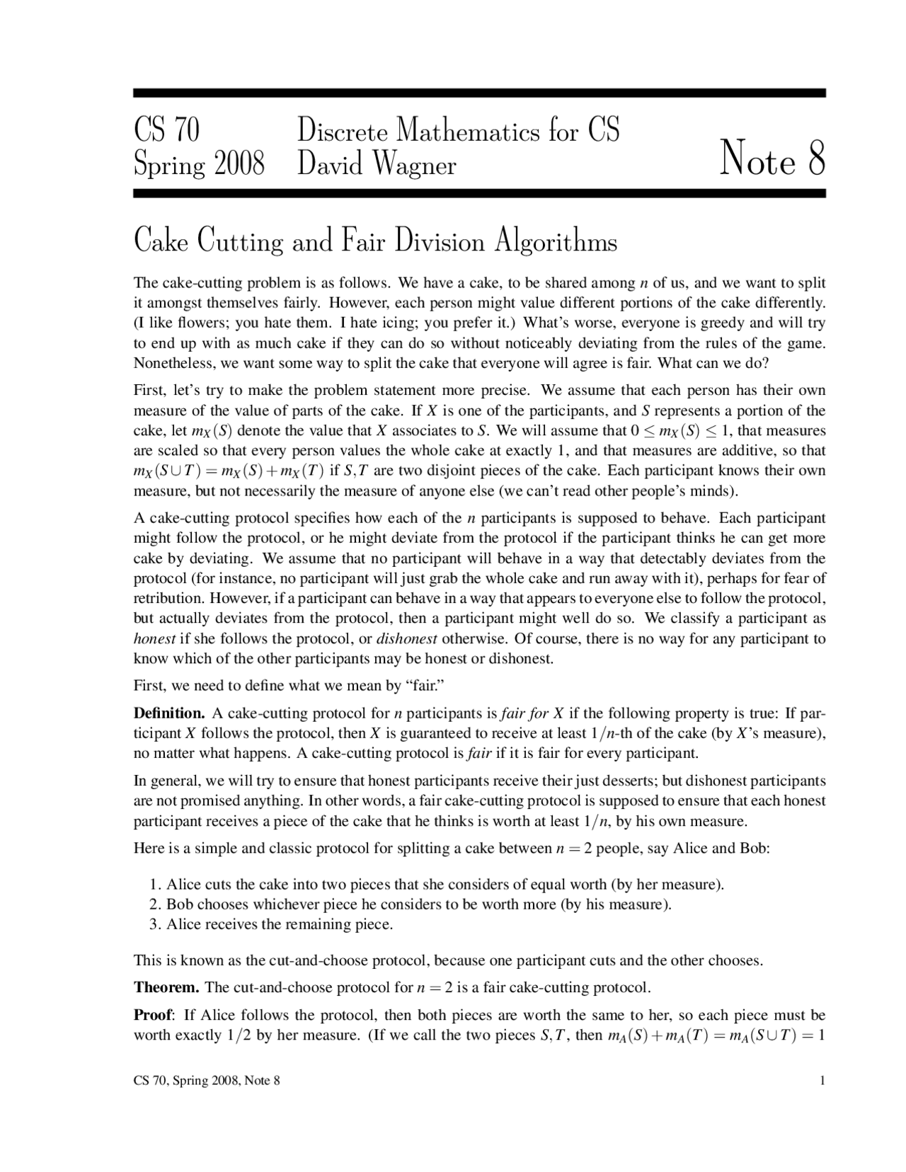 Cake Cutting and Fair Division Algorithms - Handout | COMPSCI 70 - Docsity