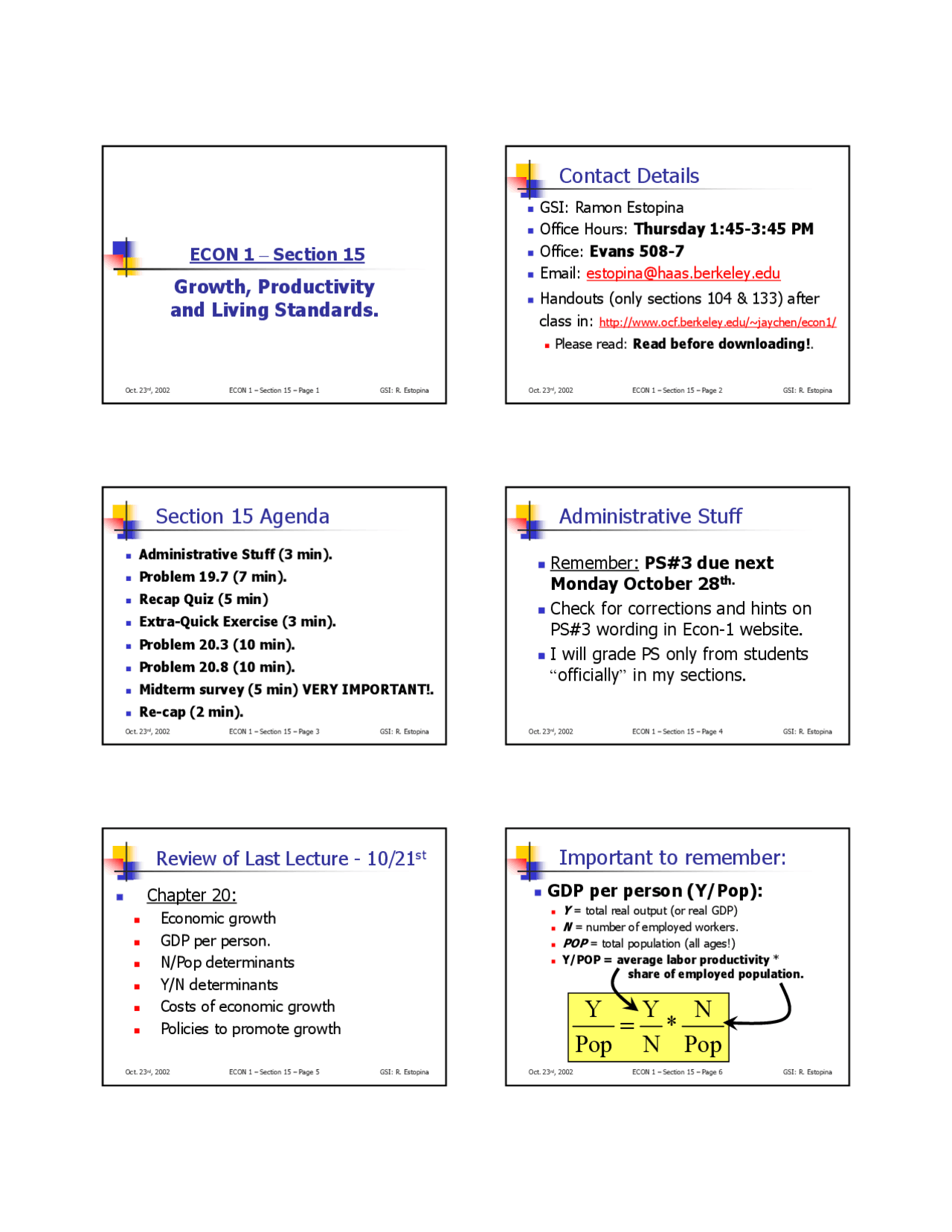 Growth Productivity And Living Standards Lecture Slides Econ 1