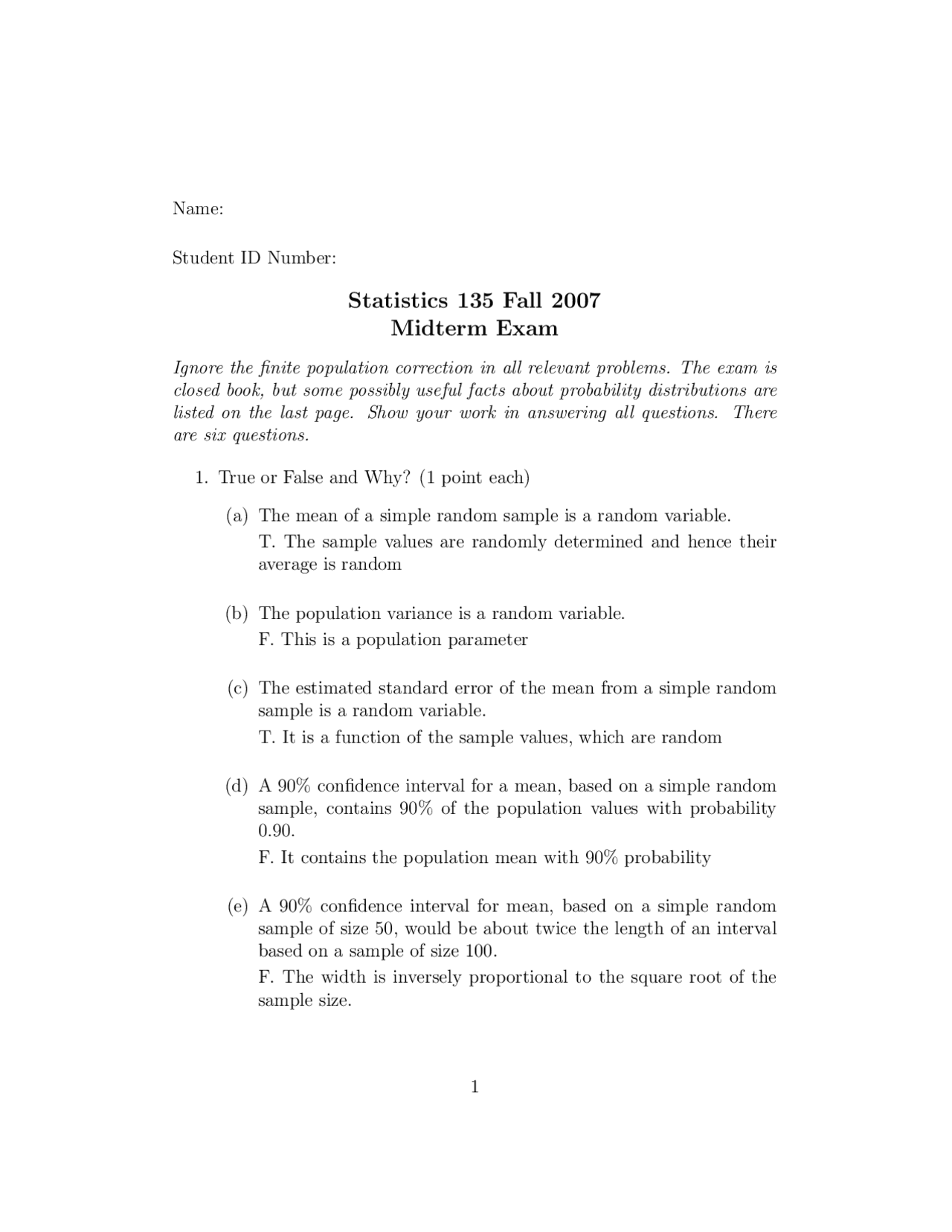 Midterm Exam Concepts Of Statistics Fall 2007 Stat 135 Docsity