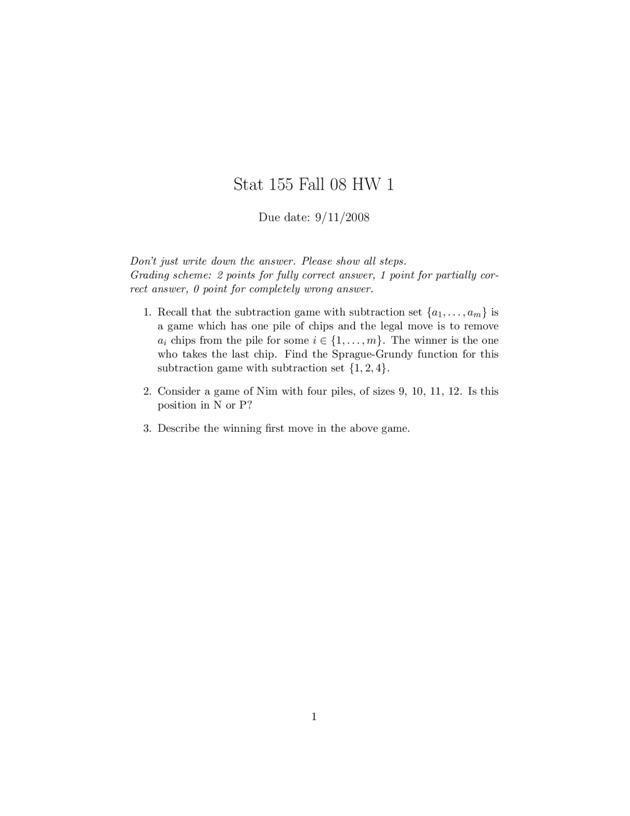 3 Questions For Game Theory Assignment 1 Stat 155 Docsity