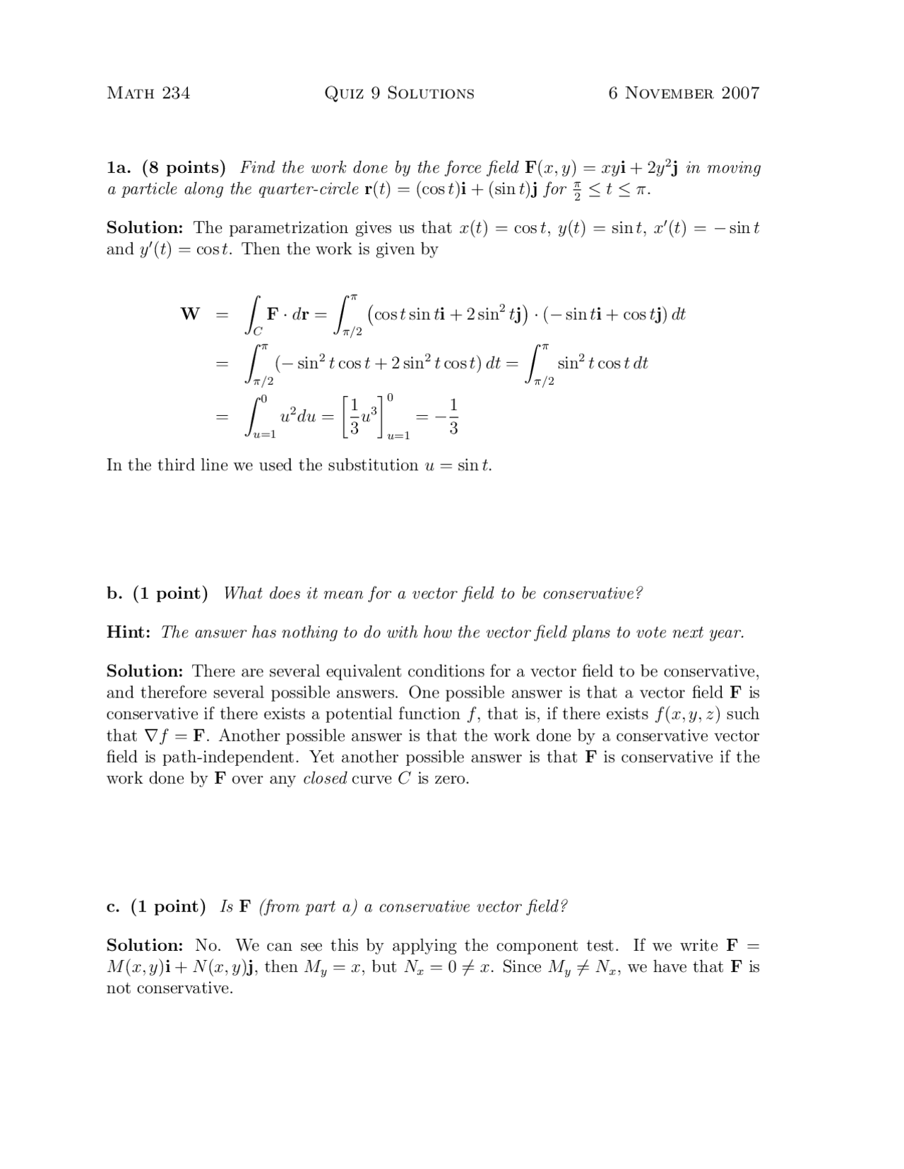 Quiz 9 Solutions For Calculus Functions Of Several Variables Math 234
