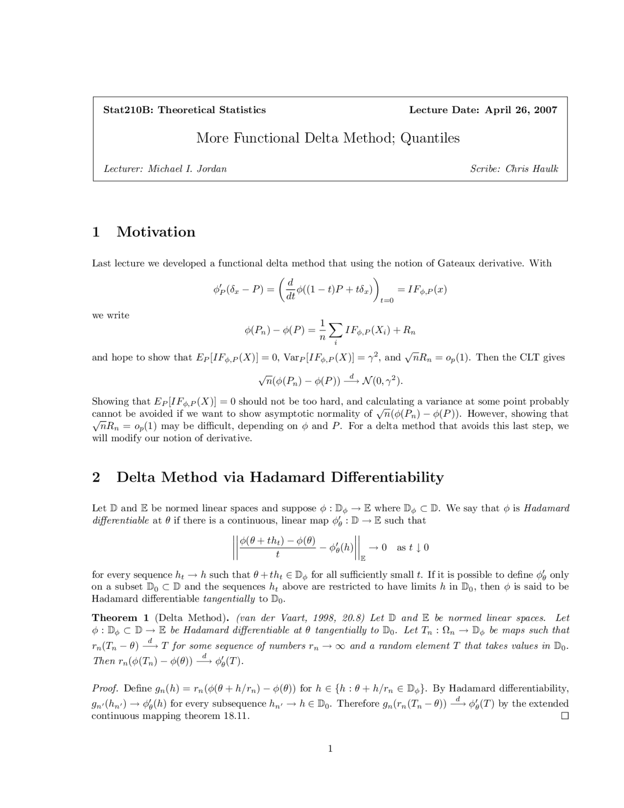 More Functions Delta Method: Quantiles | STAT 210A - Docsity
