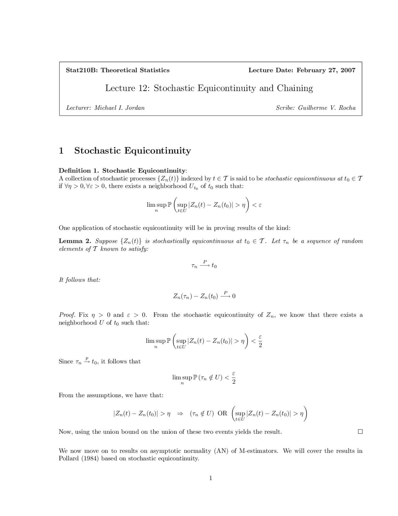 Stochastic Equicontinuity and Chaining - Notes | STAT 210A - Docsity