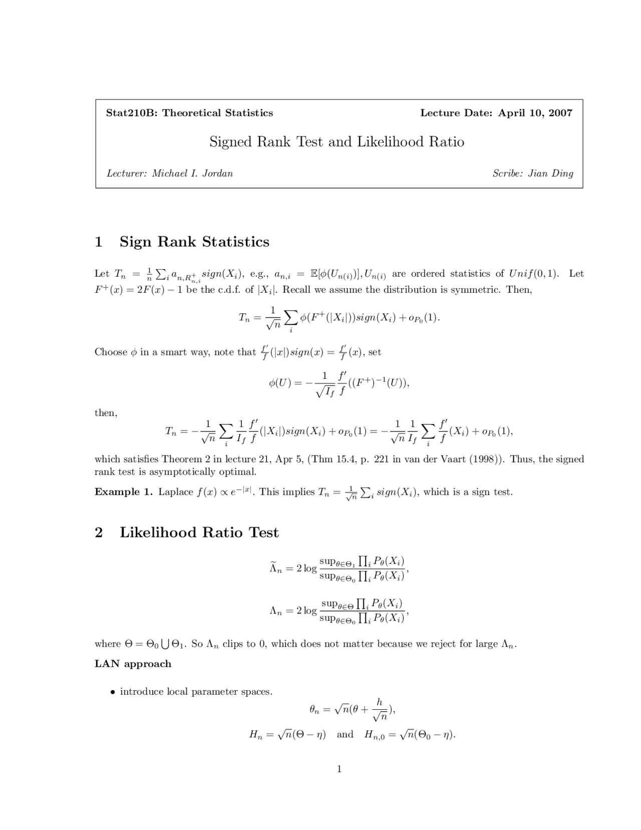 Signed Rank Test And Likelihood Ratio Theoretical Statistics Notes