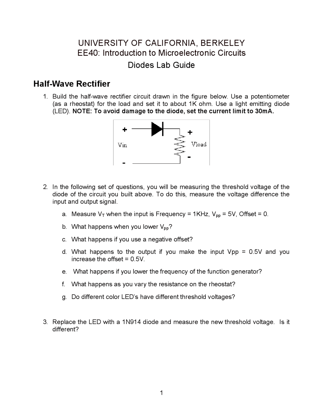 Lab Guide For Introduction To Microelectronic Circuits El Eng 40