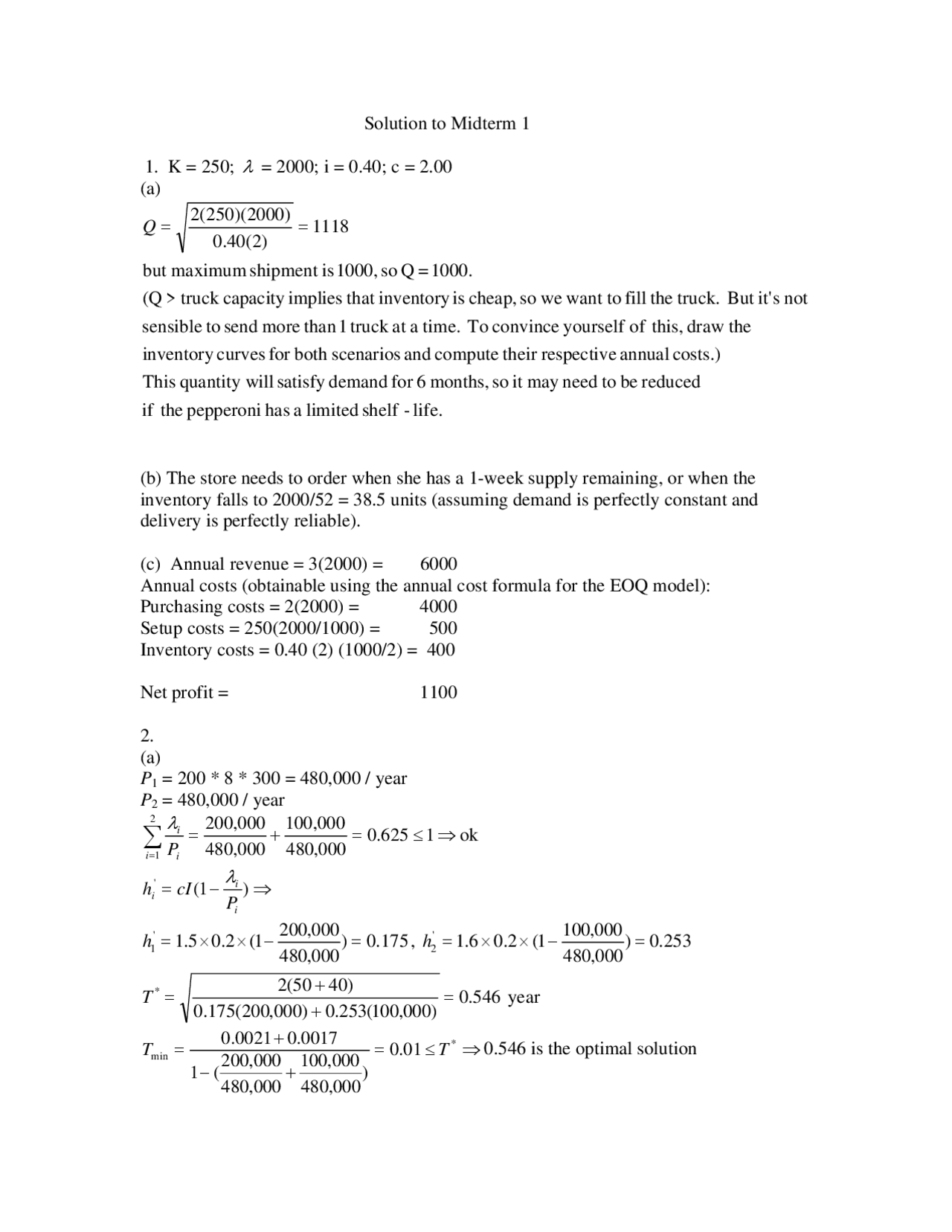 Solutions Midterm Exam 1 Production Systems Analysis Ind Eng 150