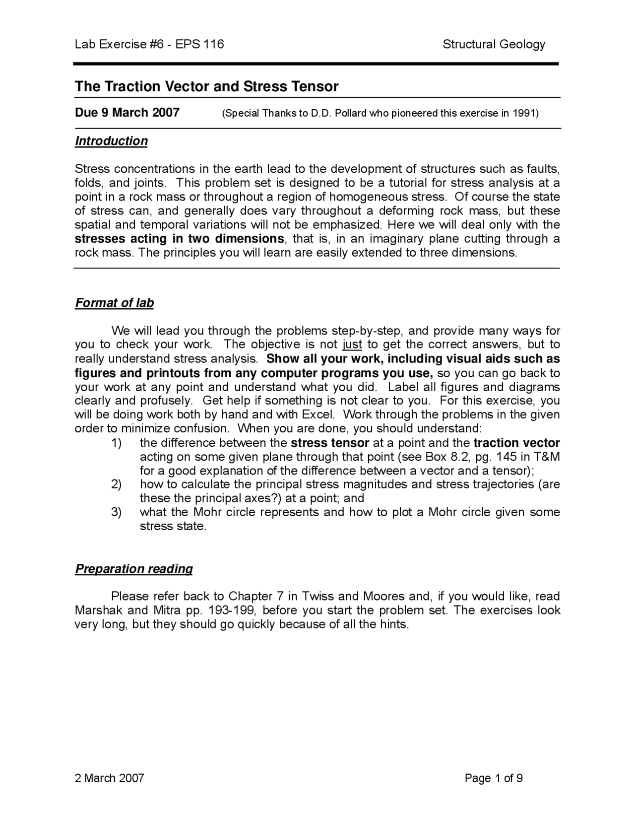 The Traction and Stress Tensor - Lab 6 | EPS H195 - Docsity