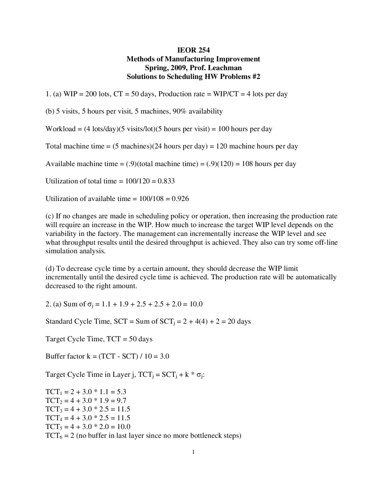 Methods Of Manufacturing Improvements Problem Set 2 Ind Eng 254