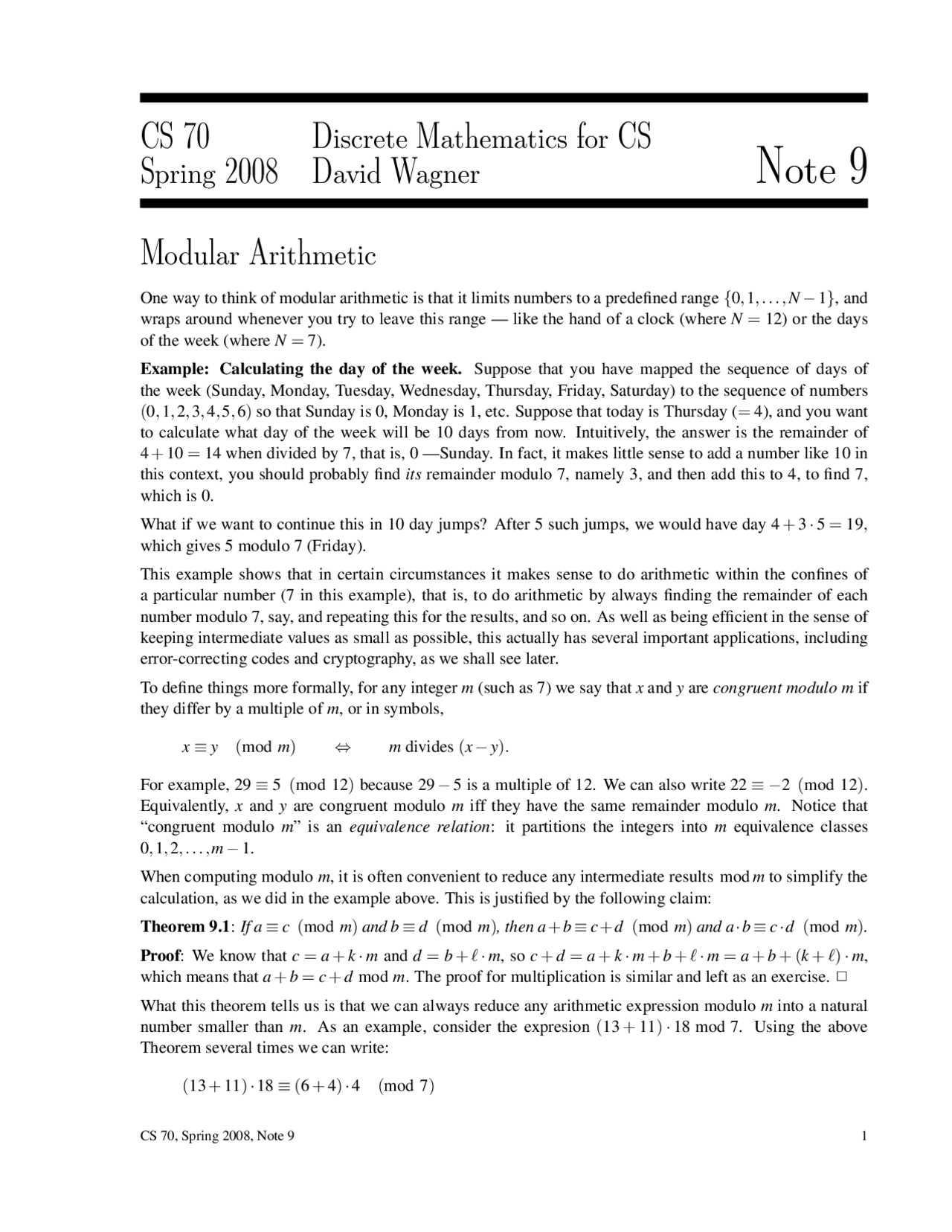 Modular Arithmetic - Discrete Mathematics and Probability Theory ...