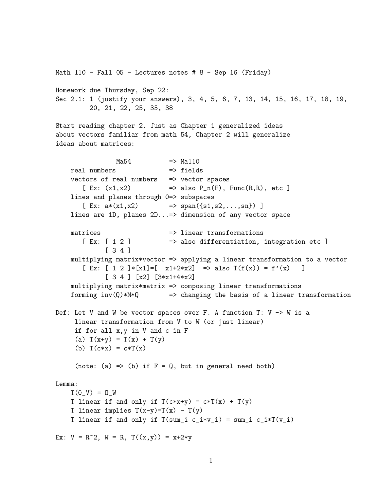 Ideas about Matrices - Linear Algebra - Handout | MATH 110 - Docsity