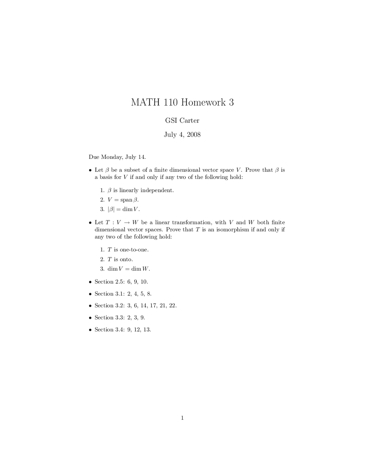 Problem Set 3 - Linear Algebra - Fall 2008 | MATH 110 - Docsity