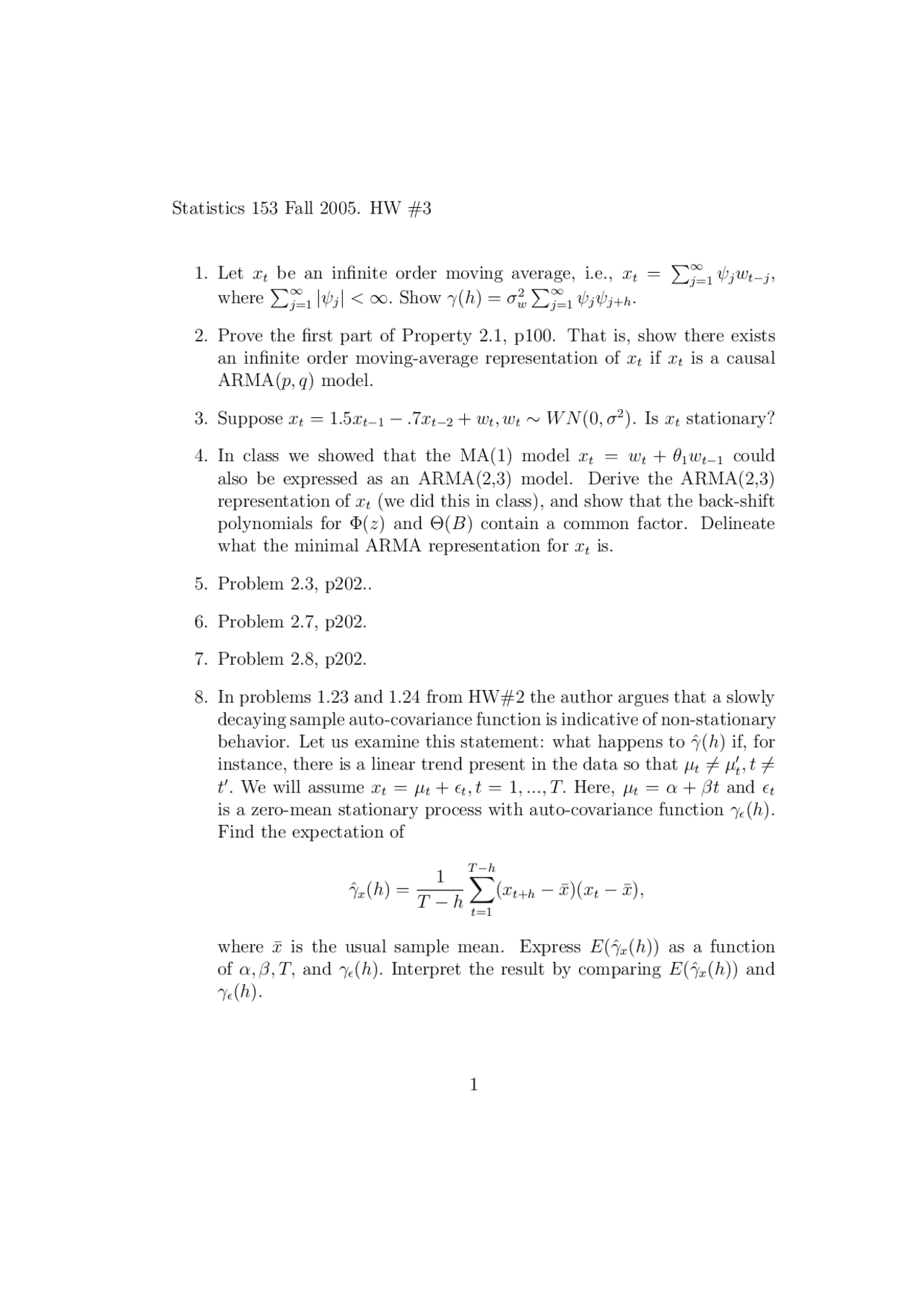 Homework 3 Questions Introduction To Time Series Stat 153 Assignments Statistics Docsity
