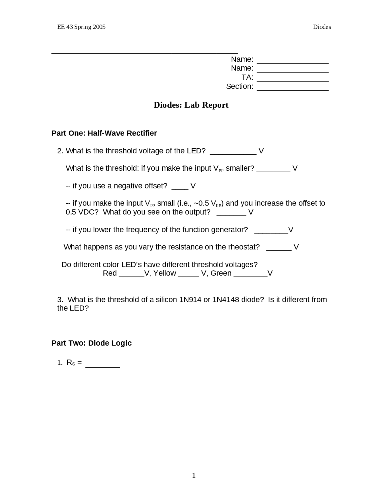 Lab Report For Diodes Fall 2005 El Eng 43 Docsity