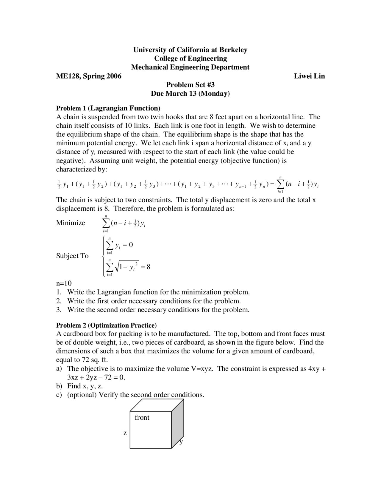 Problem Set 3 | Computer Aided Mechanical Design | MEC ENG 128 - Docsity