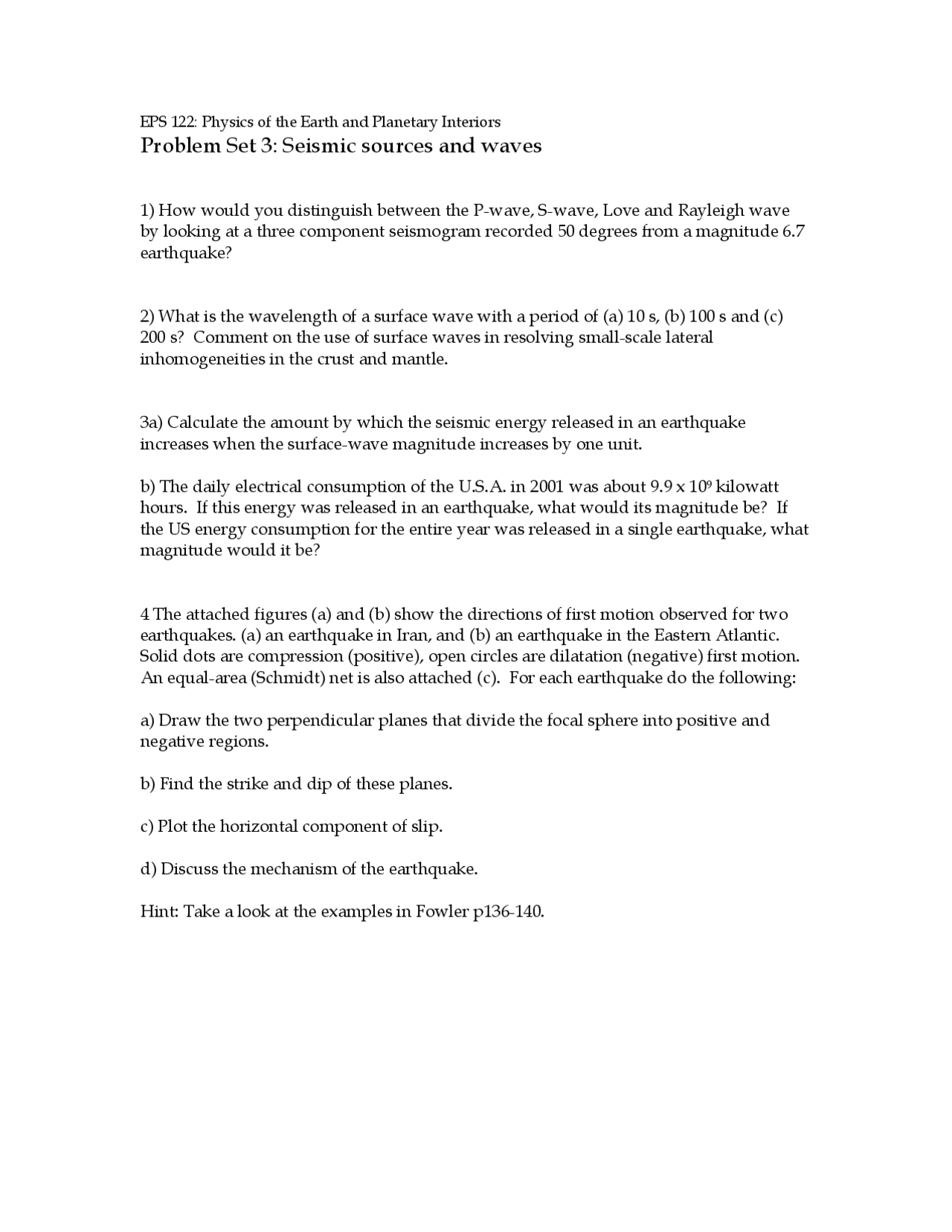 Problem Set 3 Seismic Sources And Waves Eps 122 Docsity