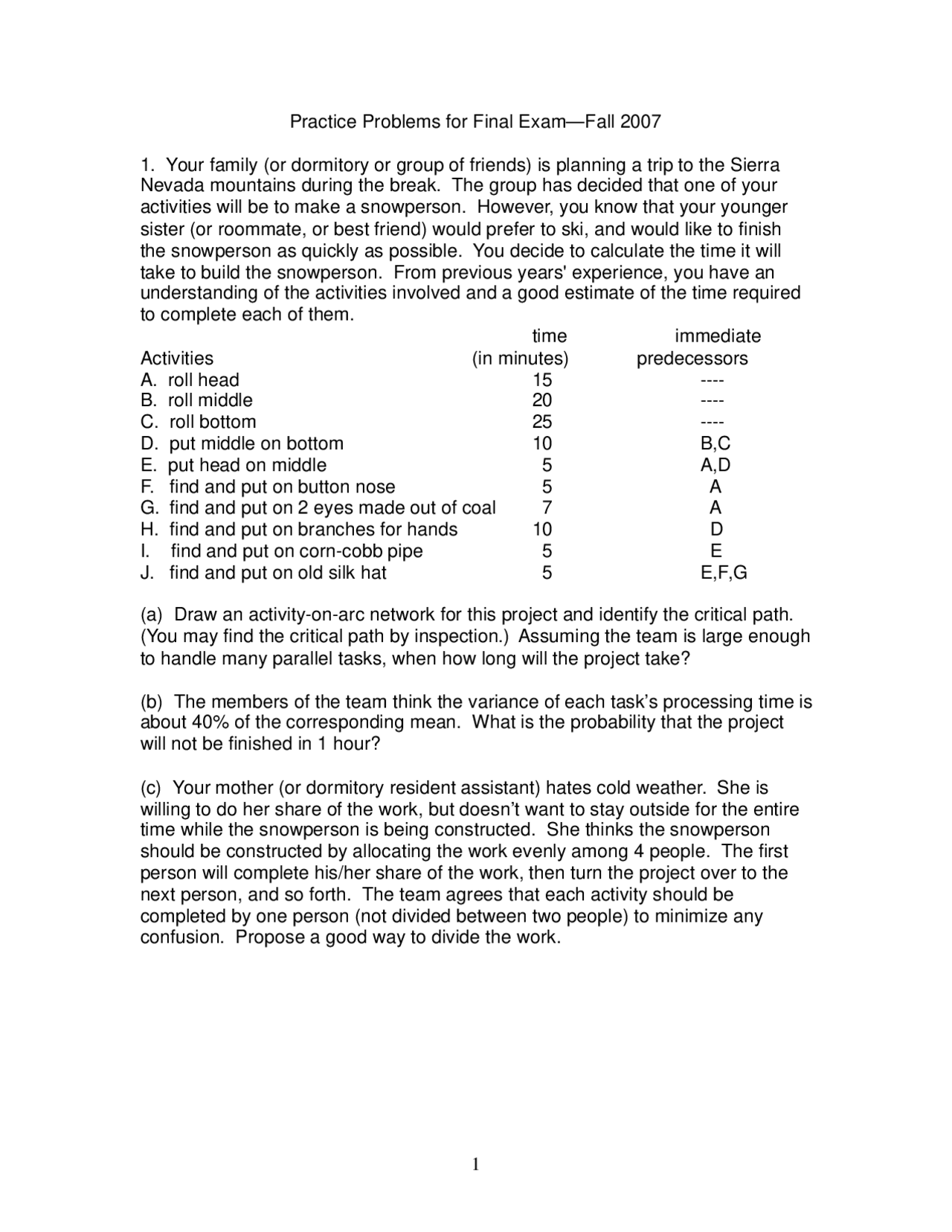 Practice Problems Final Exam Production Systems Analysis Ind Eng