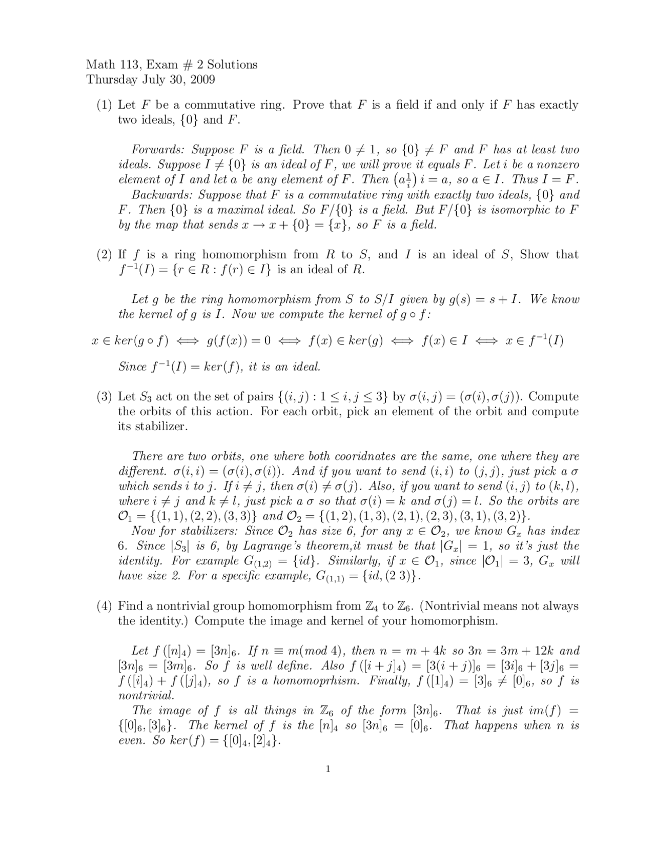 Exam 2 Solution Introduction To Abstract Algebra Math 113 Docsity
