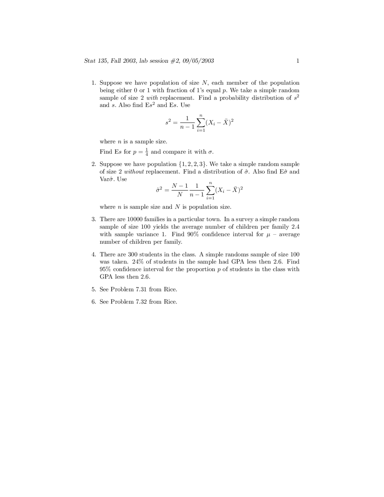 6 Questions For Concepts Of Statistics Lab 2 Stat 135 Docsity