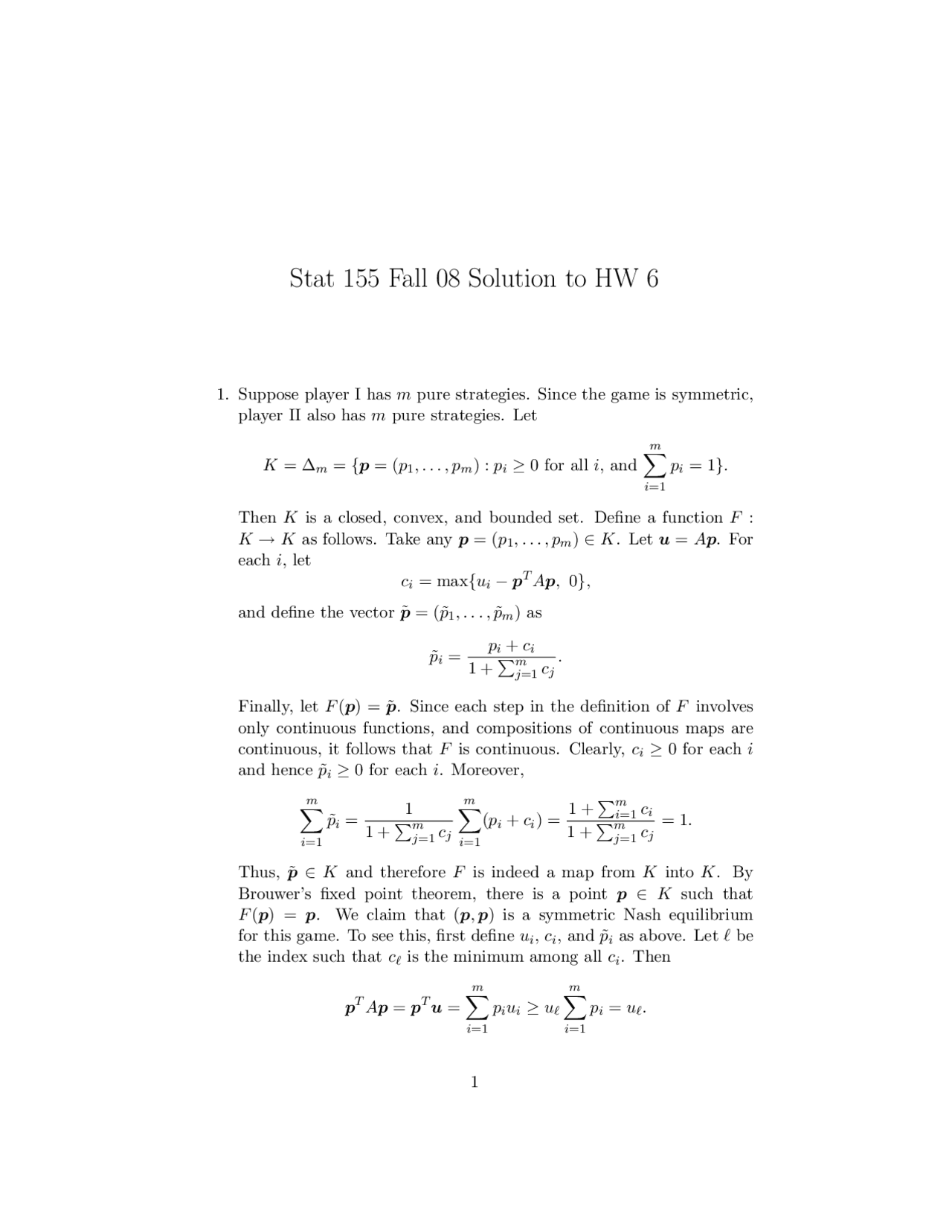 Solutions To Homework 6 Game Theory Stat 155 Docsity