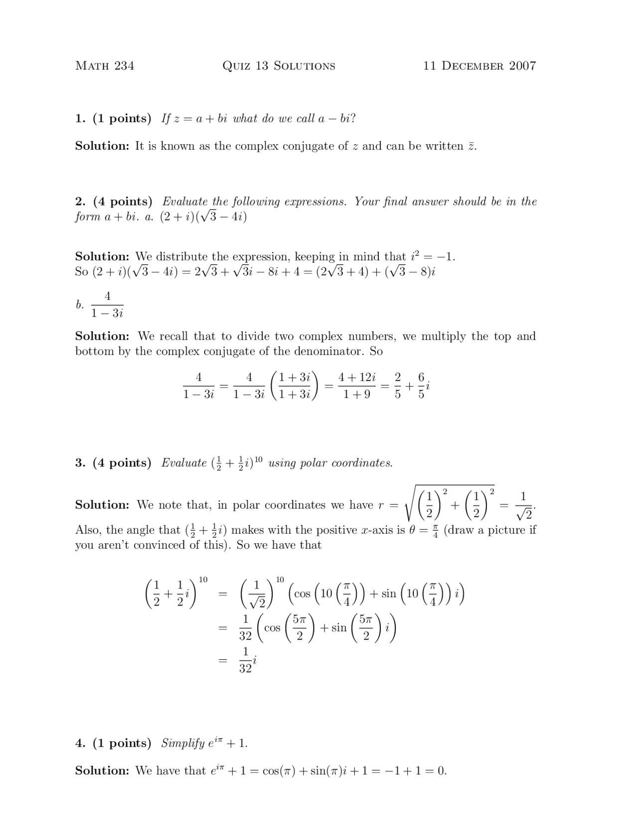 Solved Quiz 13 for Calculus Functions of Several Variables | MATH 234 | Quizzes Mathematics ...