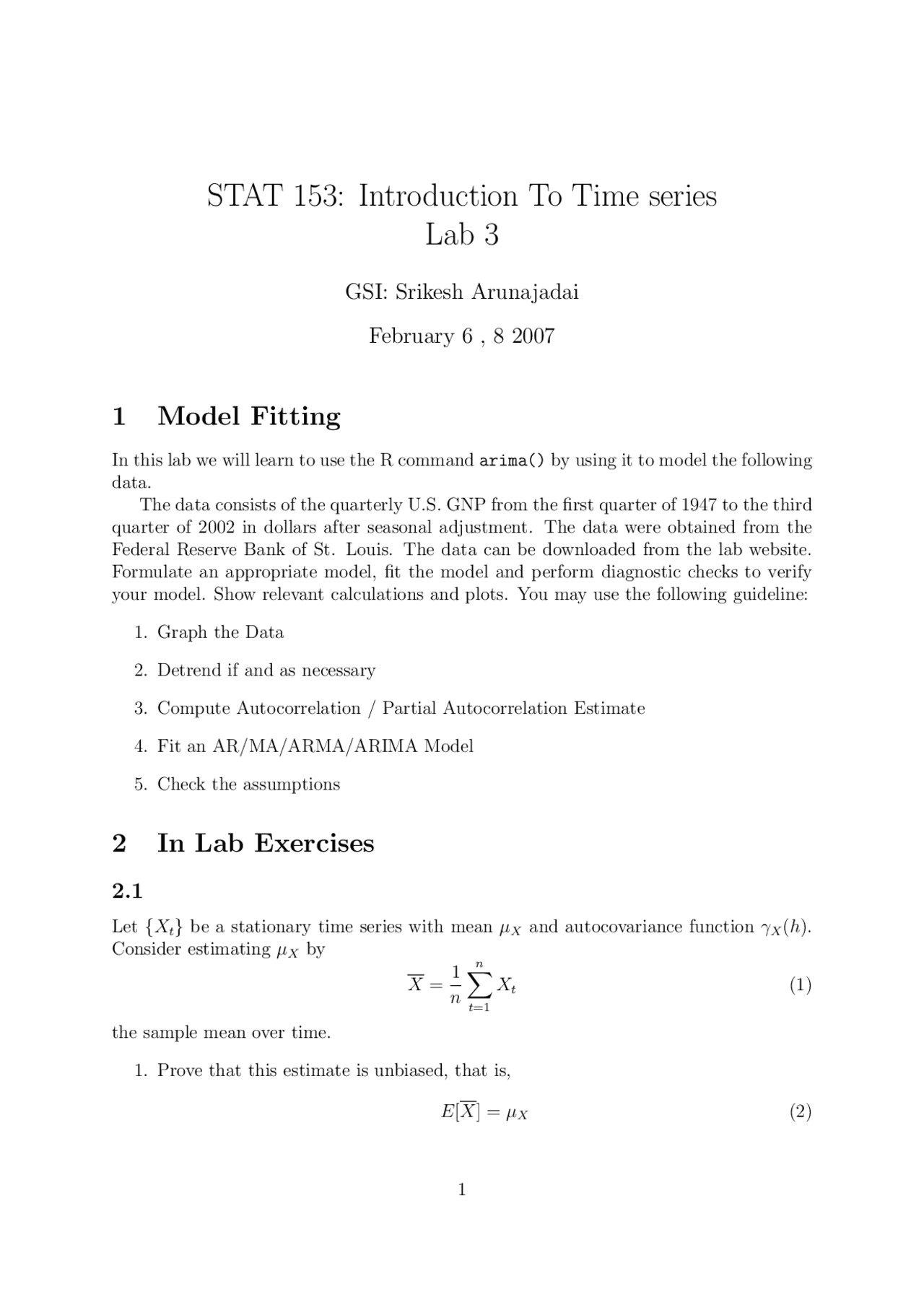 Introduction To Time Series Lab 3 Stat 153 Docsity