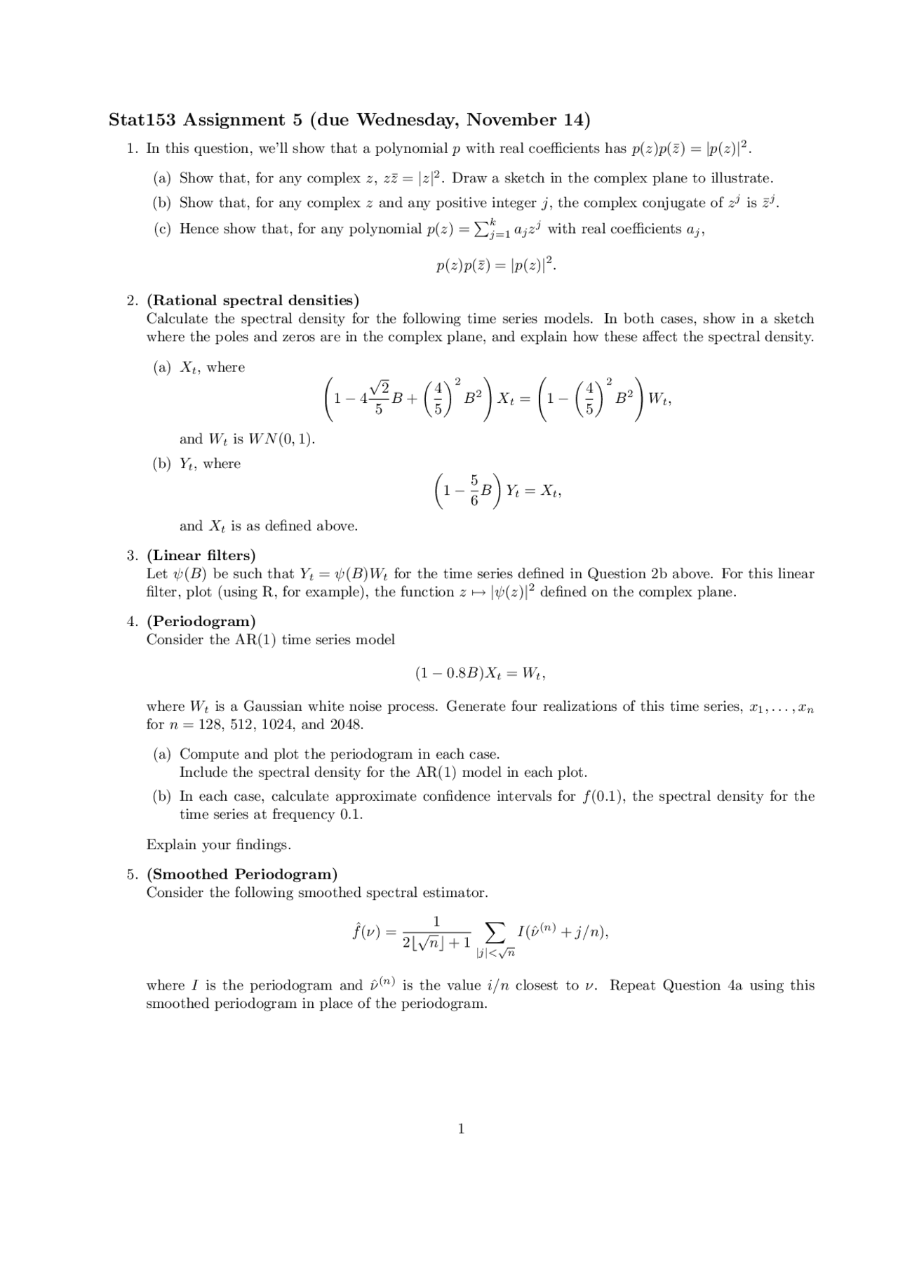 Introduction To Time Series Assignment 5 Questions Stat 153 Docsity