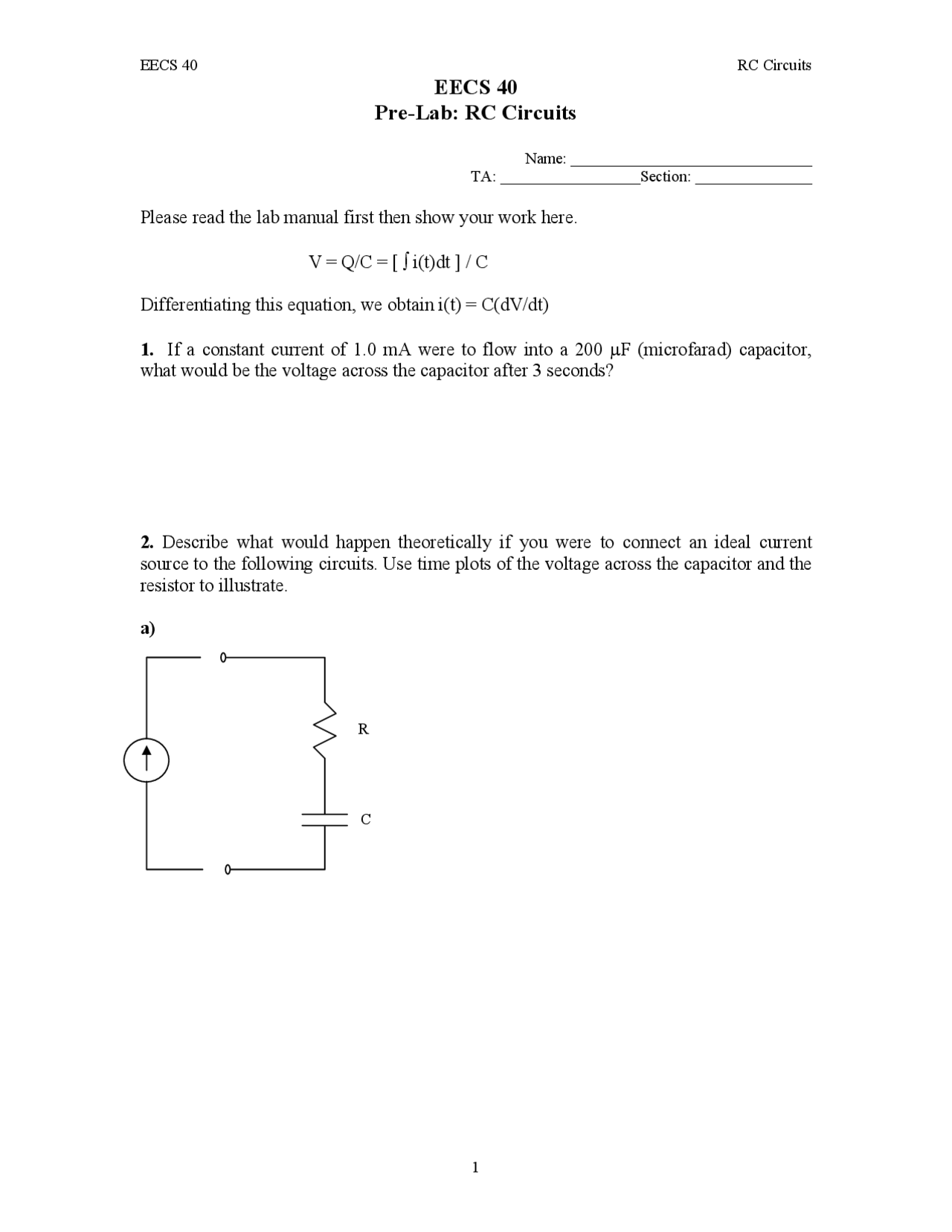 Pre Lab Rc Circuits Introduction To Microelectronic Circuits El