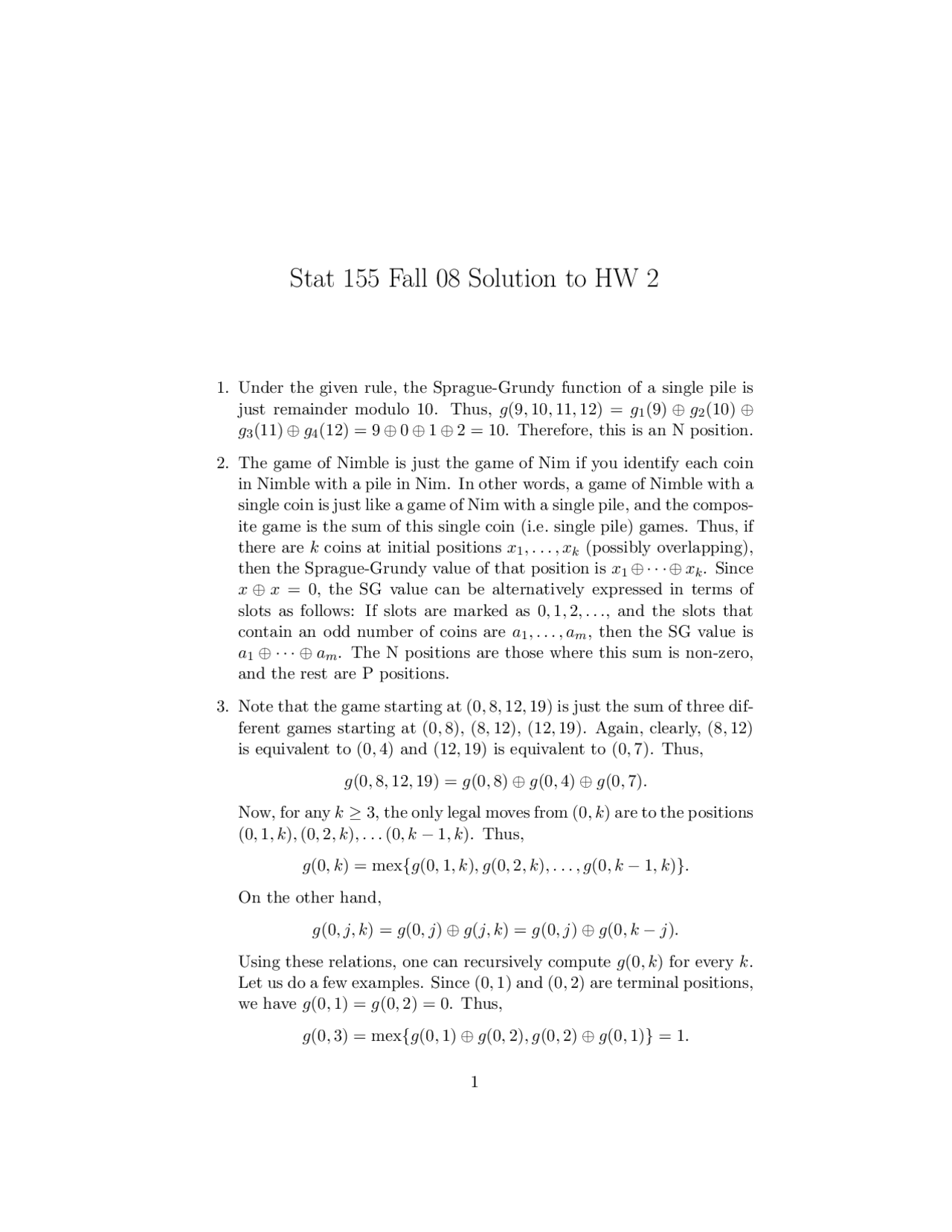 Solutions To Homework 2 Game Theory Stat 155 Docsity