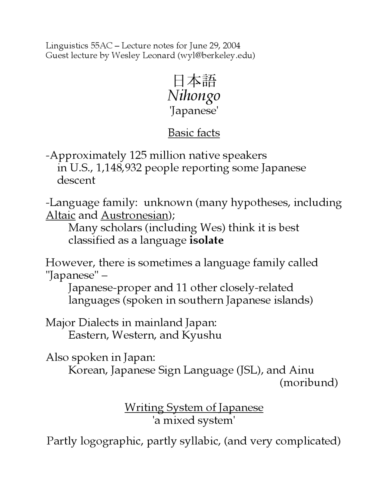 Nihongo Japanese The American Languages Handout Linguis 55ac Docsity