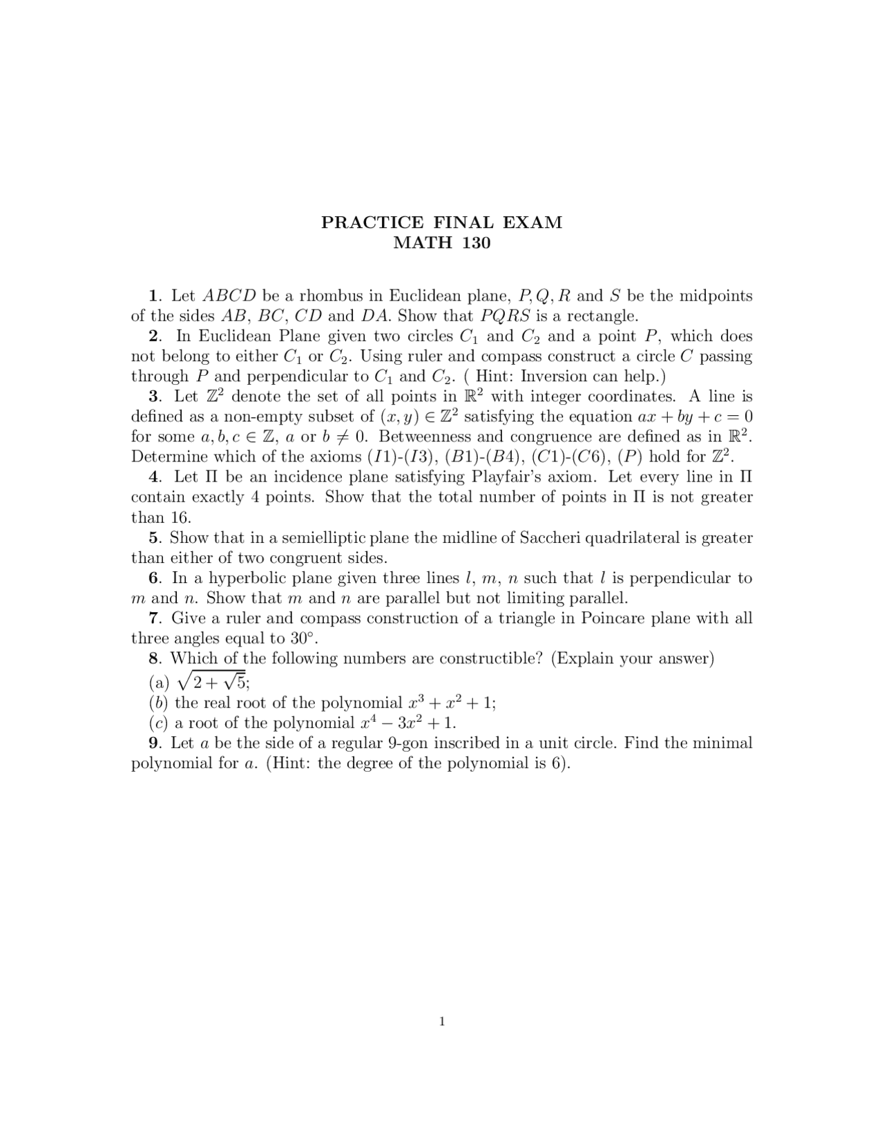 Practice Final Exam Classical Geometry Math 130 Docsity