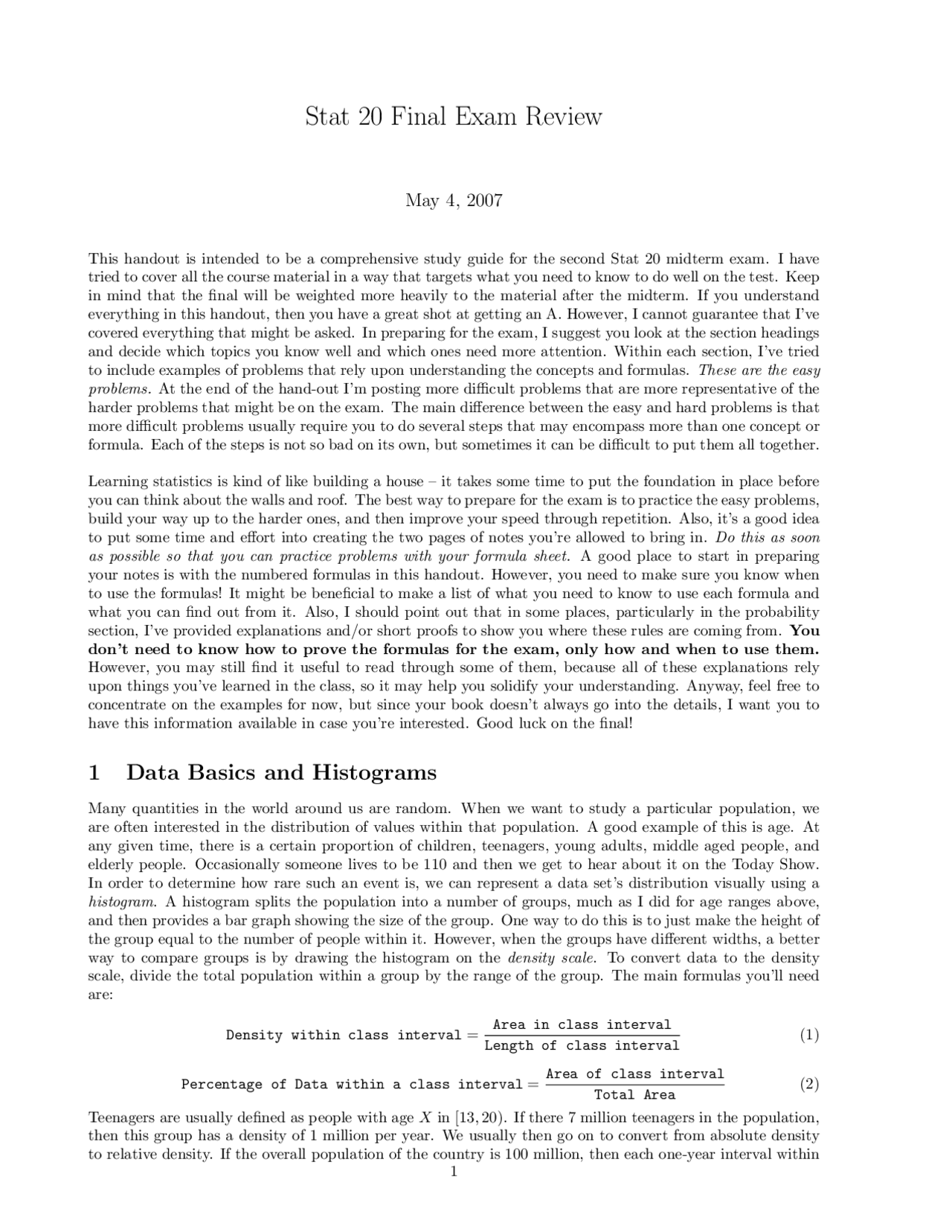 Review Sheet for Introduction to Probability and Statistics - Final ...