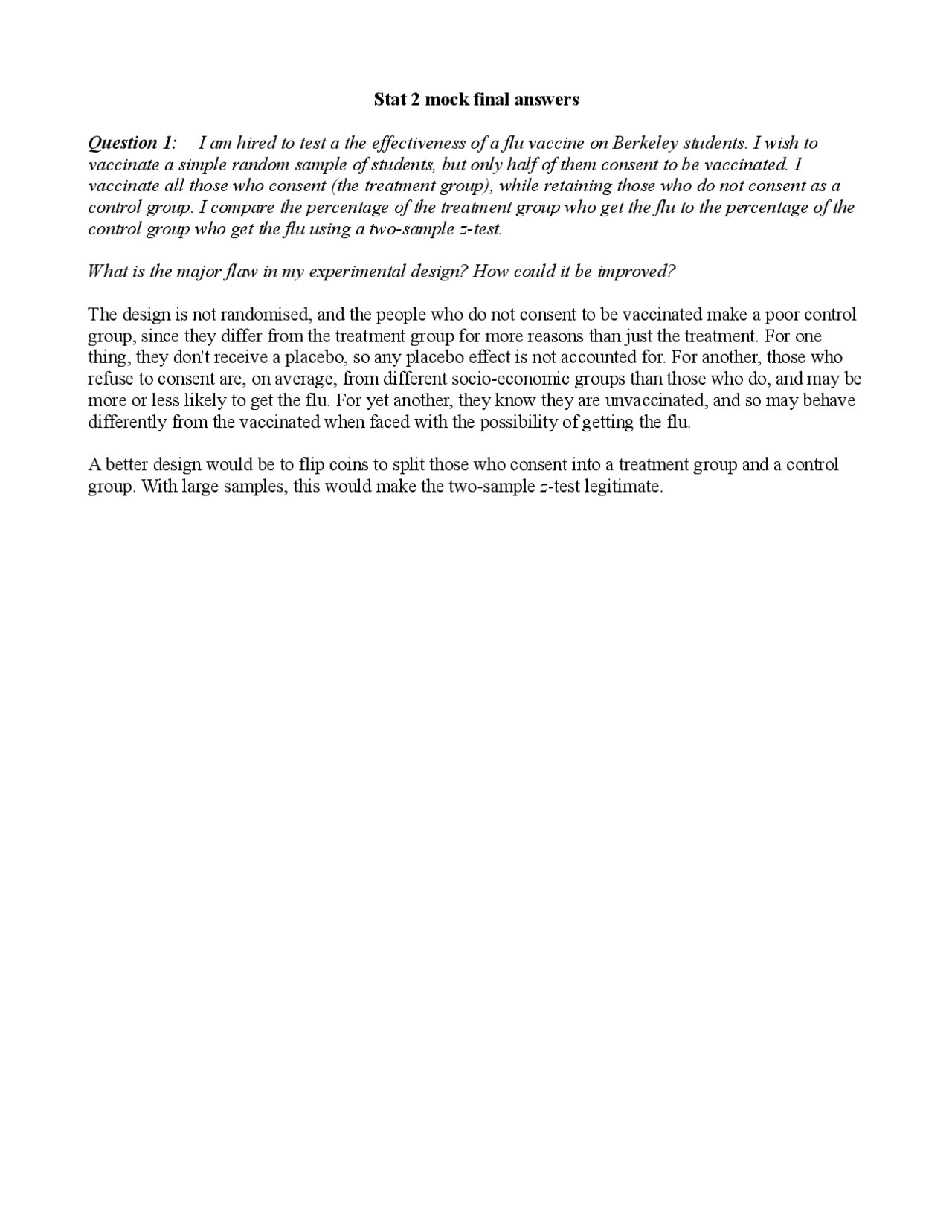 Final Exam Solutions Introduction To Statistics Stat 2 Docsity