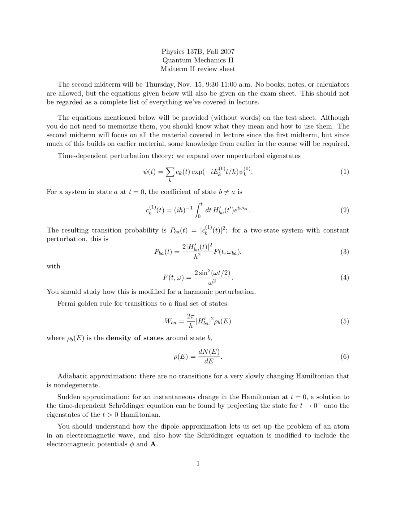 Midterm Exam 2 Review Sheet - Quantum Mechanics | PHYSICS 137B - Docsity