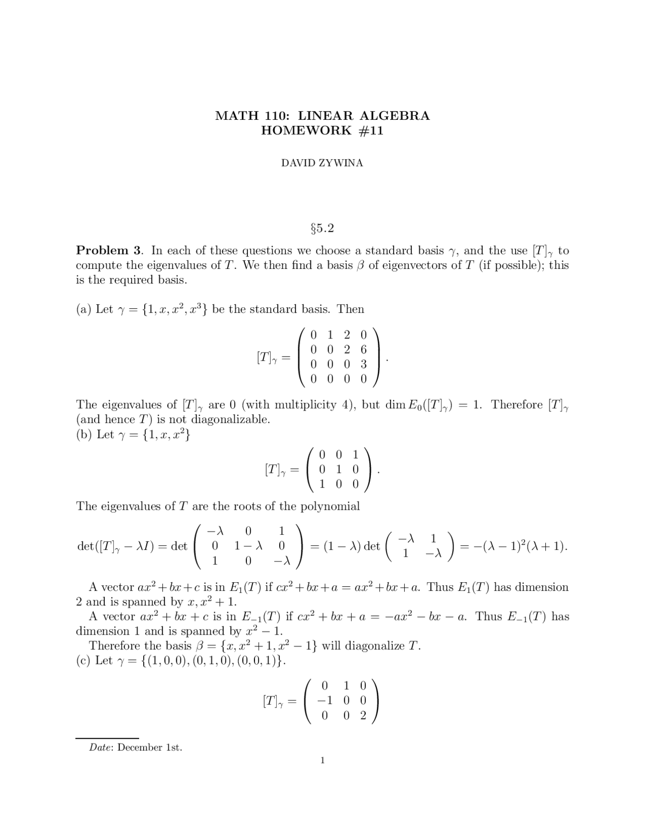 Linear Algebra Homework 11 Questions Math 110 Docsity