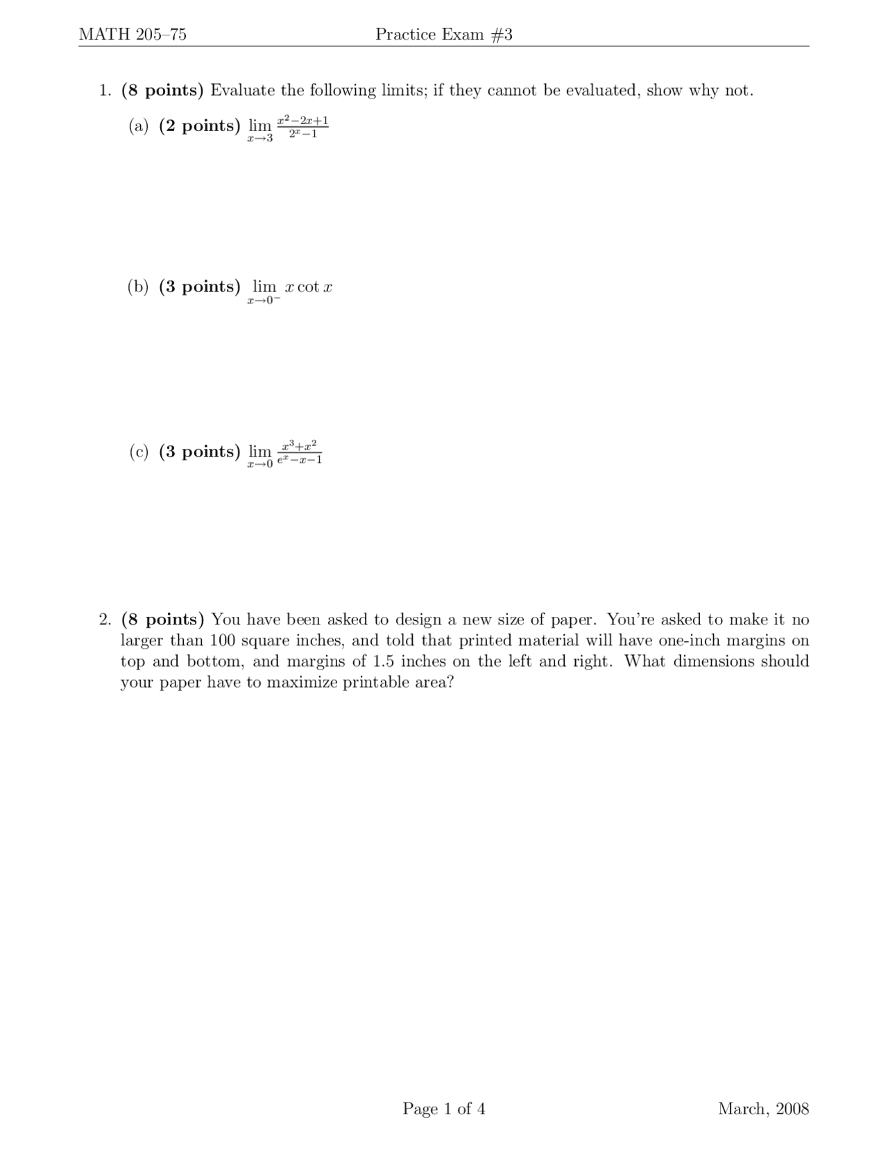 Practice Exam 3 Honors Calculus I Math 205 Docsity