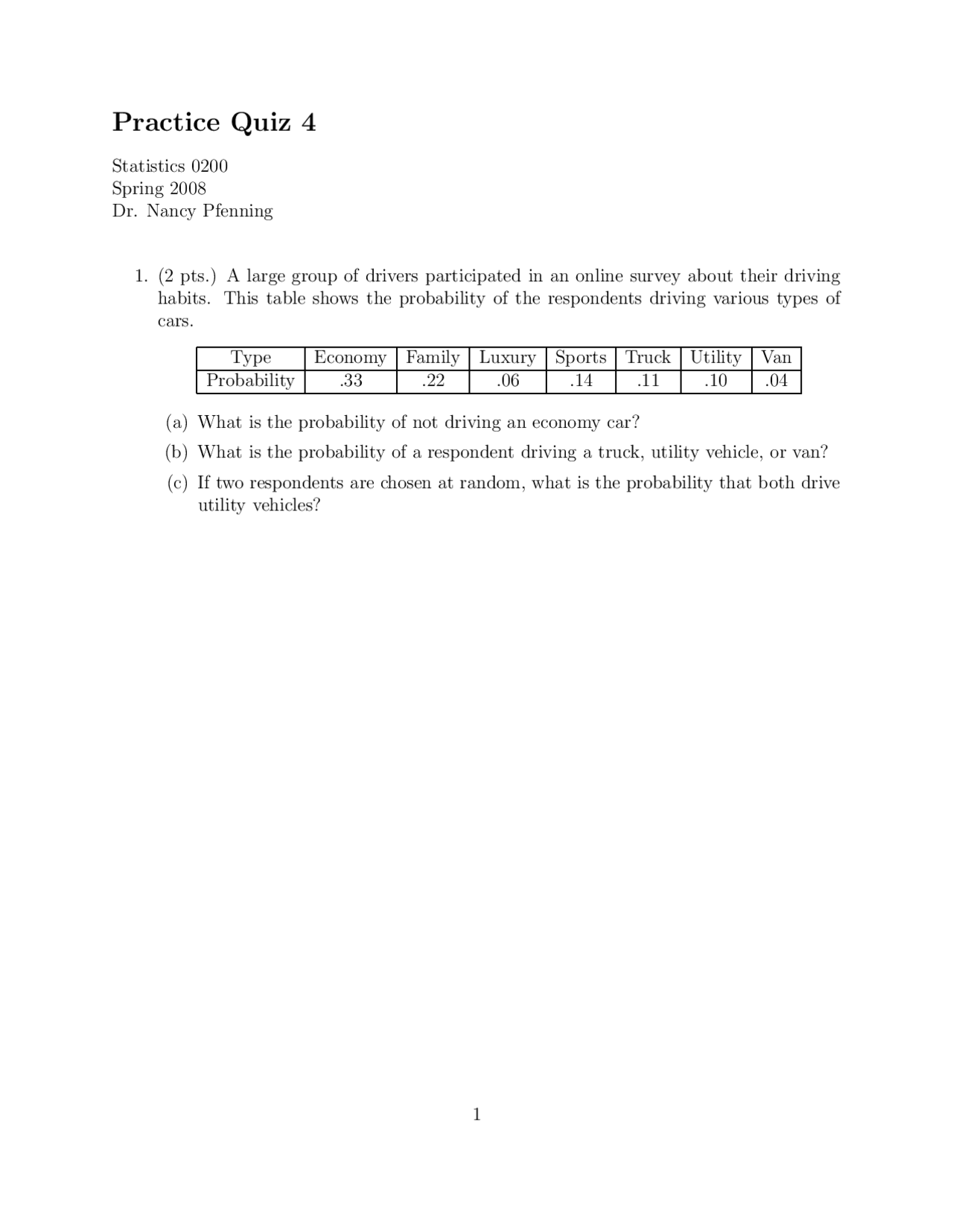 Find Probability of Driving Various Cars - Practice Quiz 4 | STAT 0200 | Quizzes Statistics ...