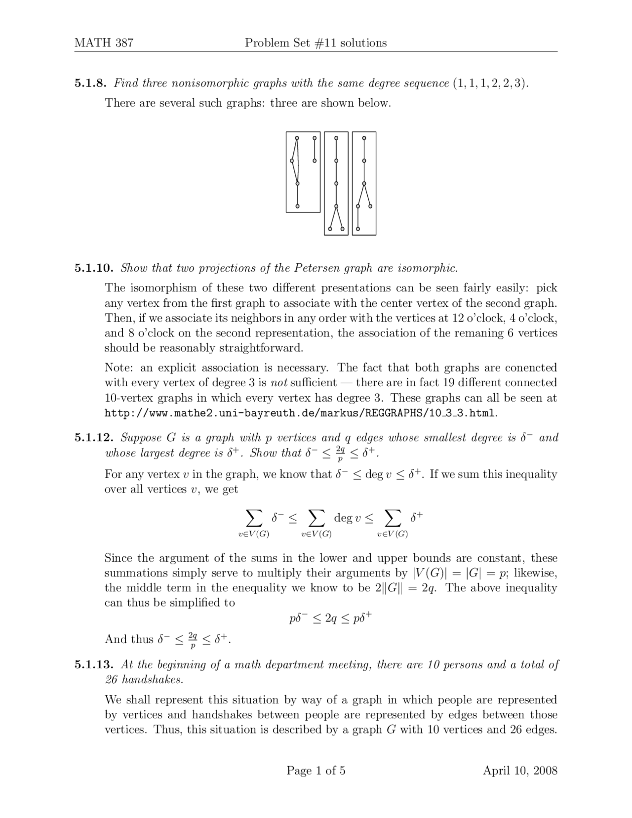 Solutions to Problems on Discrete Mathematics - Problem Set 11 | MATH 387 - Docsity