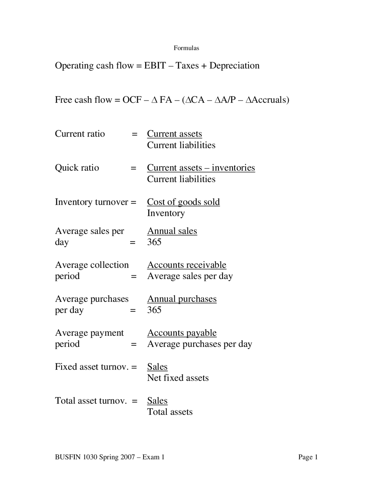Formulae Sheet For Exam 1 Introduction To Finance Busfin 1030 Docsity