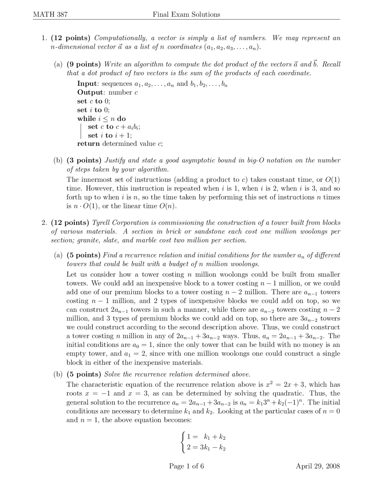 Final Exam With Answers Discrete Mathematics Math 387 Docsity