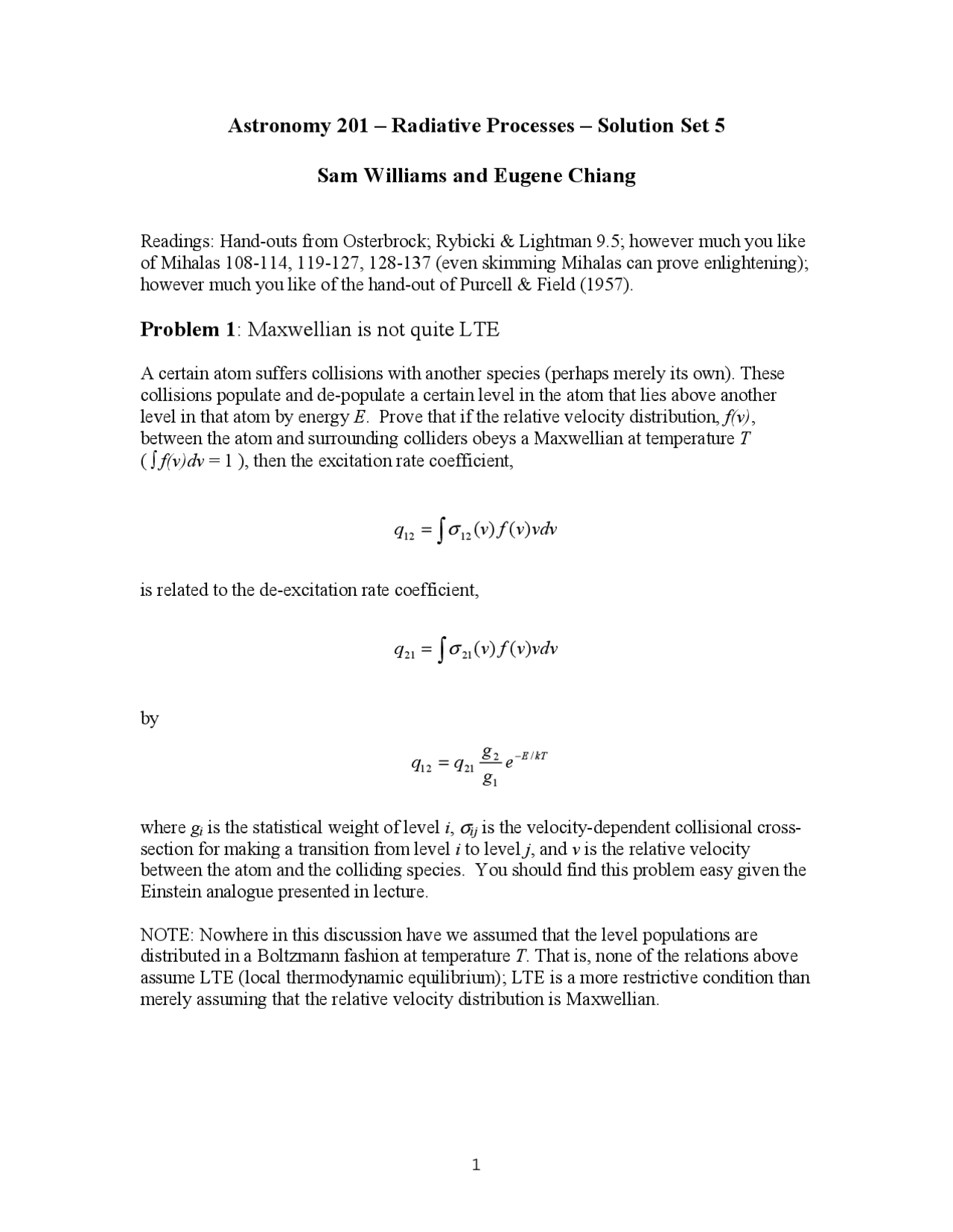 Radiative Processes Solution Set 5 Astron 201 Assignments