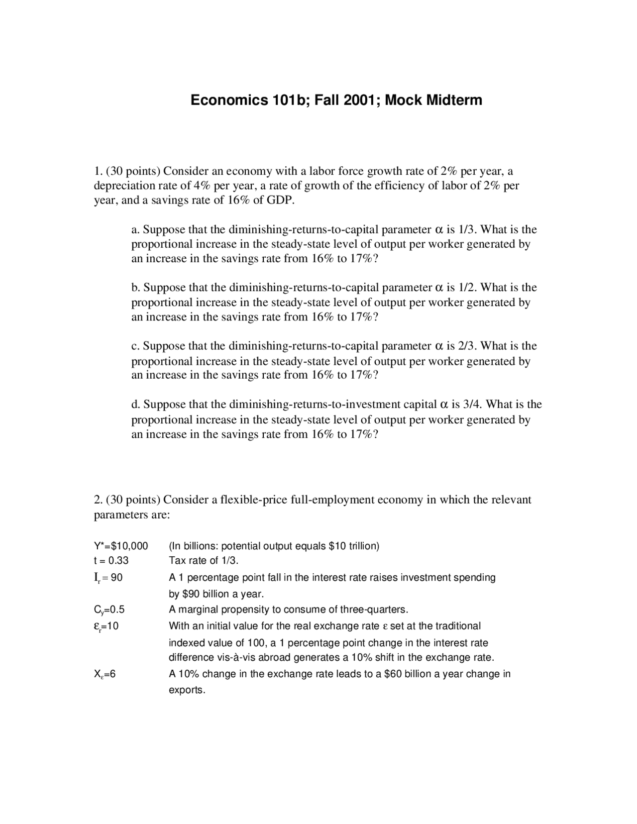 Mock Midterm Exam - Macroeconomics Theory - Fall 2001 | ECON 101B - Docsity