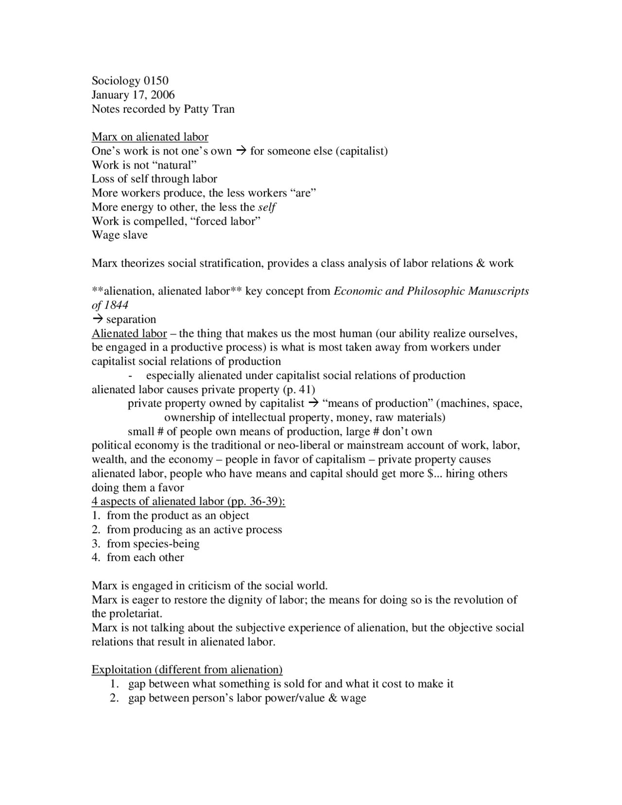 Marx on Alienated Labor, Exploitation - Social Theory - Notes | SOC ...