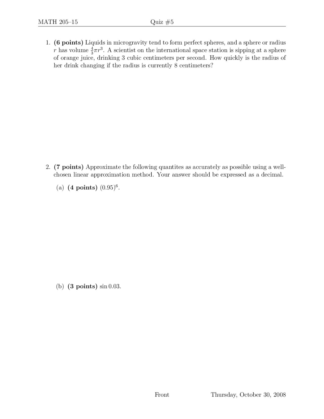 MATH 205 Quiz #5: Calculus Problems | Quizzes Mathematics | Docsity