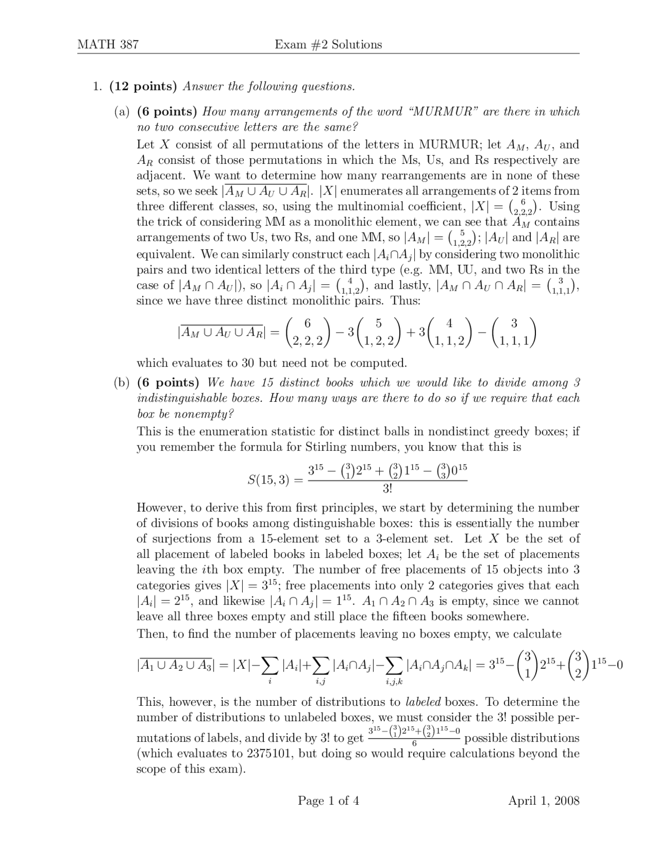 Exam 2 Solutions Discrete Mathematics Math 387 Exams Discrete