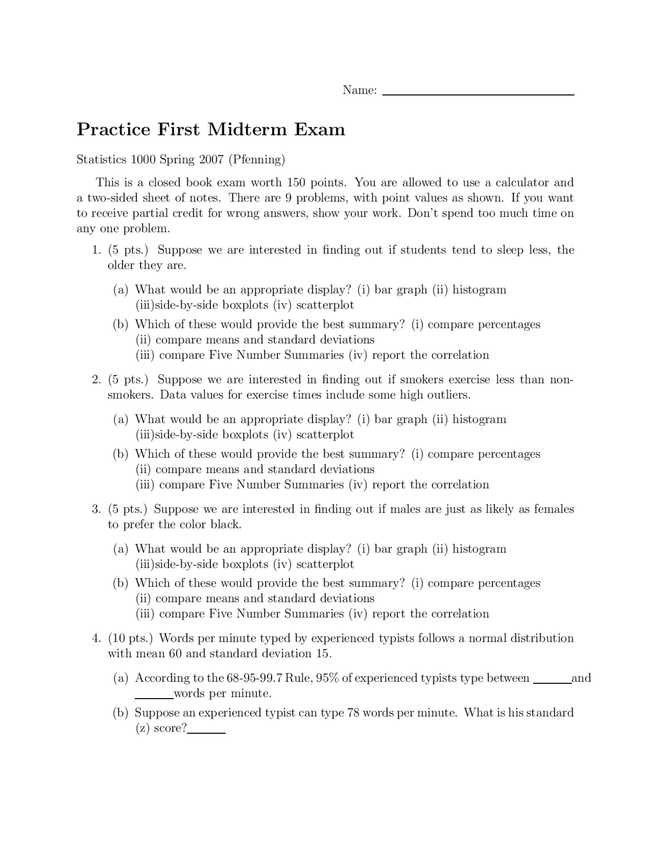 10 Problems On Applied Statistical Methods Midterm 1 Stat 1000 Docsity
