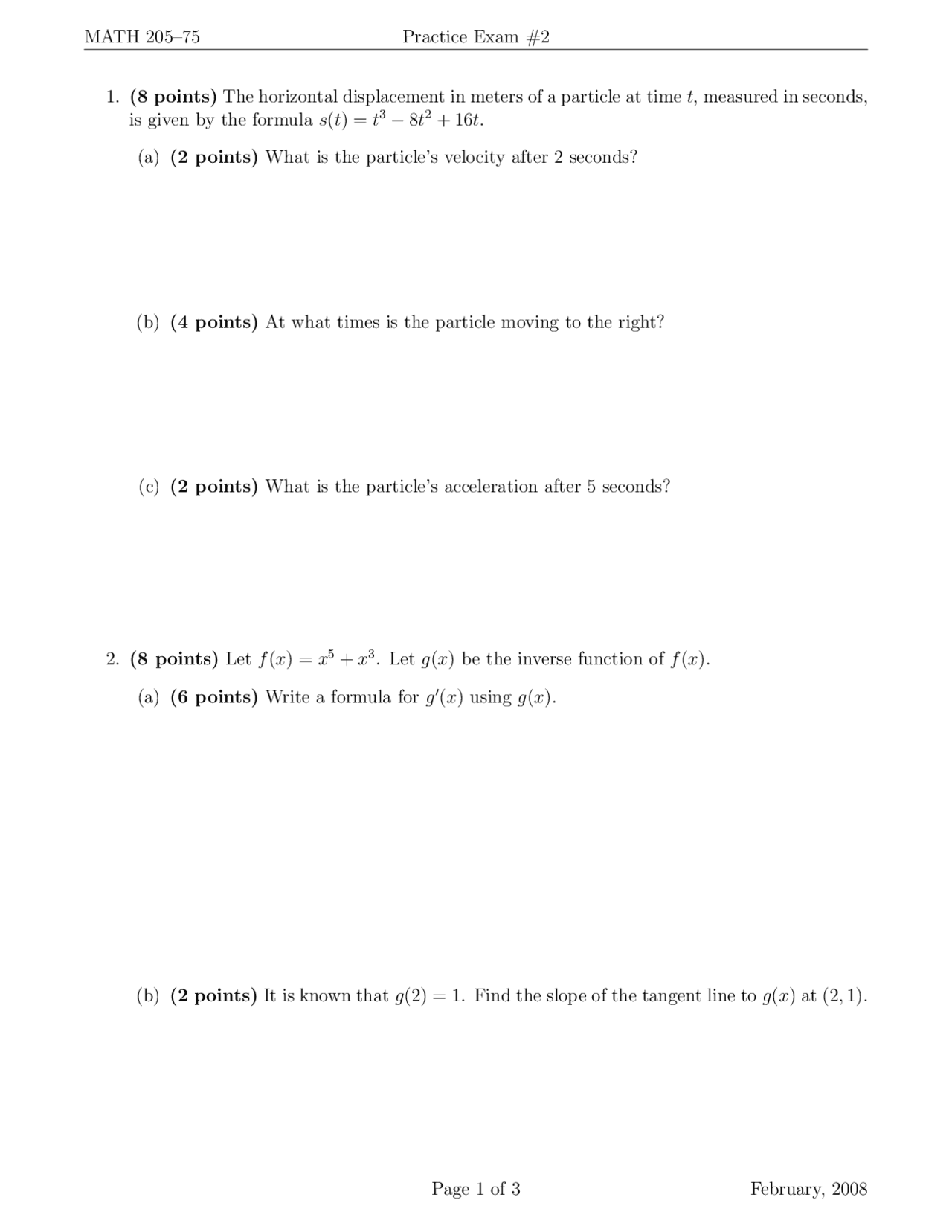 6 Practice Problems On Basic Calculus I Examination 2 Math 205