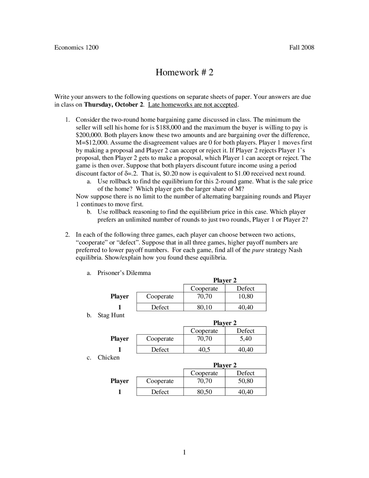 5 Questions With Answers Game Theory Assignment 2 Econ 1200 Docsity