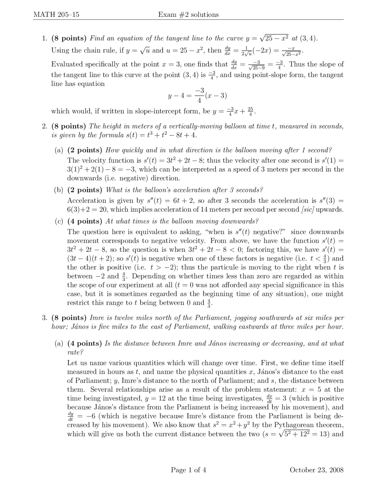 Exam 2 Solutions Honors Calculus I Math 205 Docsity