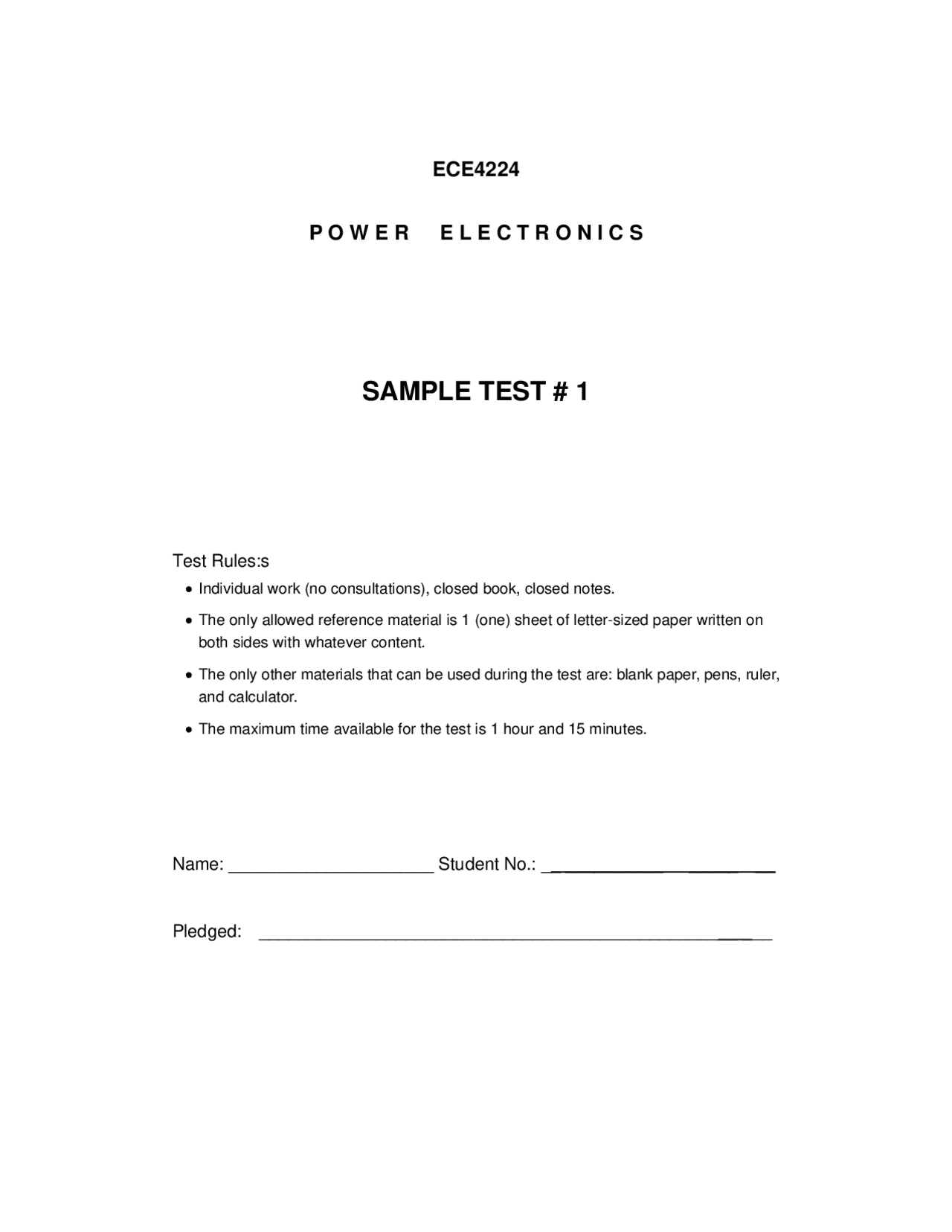 Sample Test 1 Dc Dc Converter Power Electronics Ece 4224 Docsity